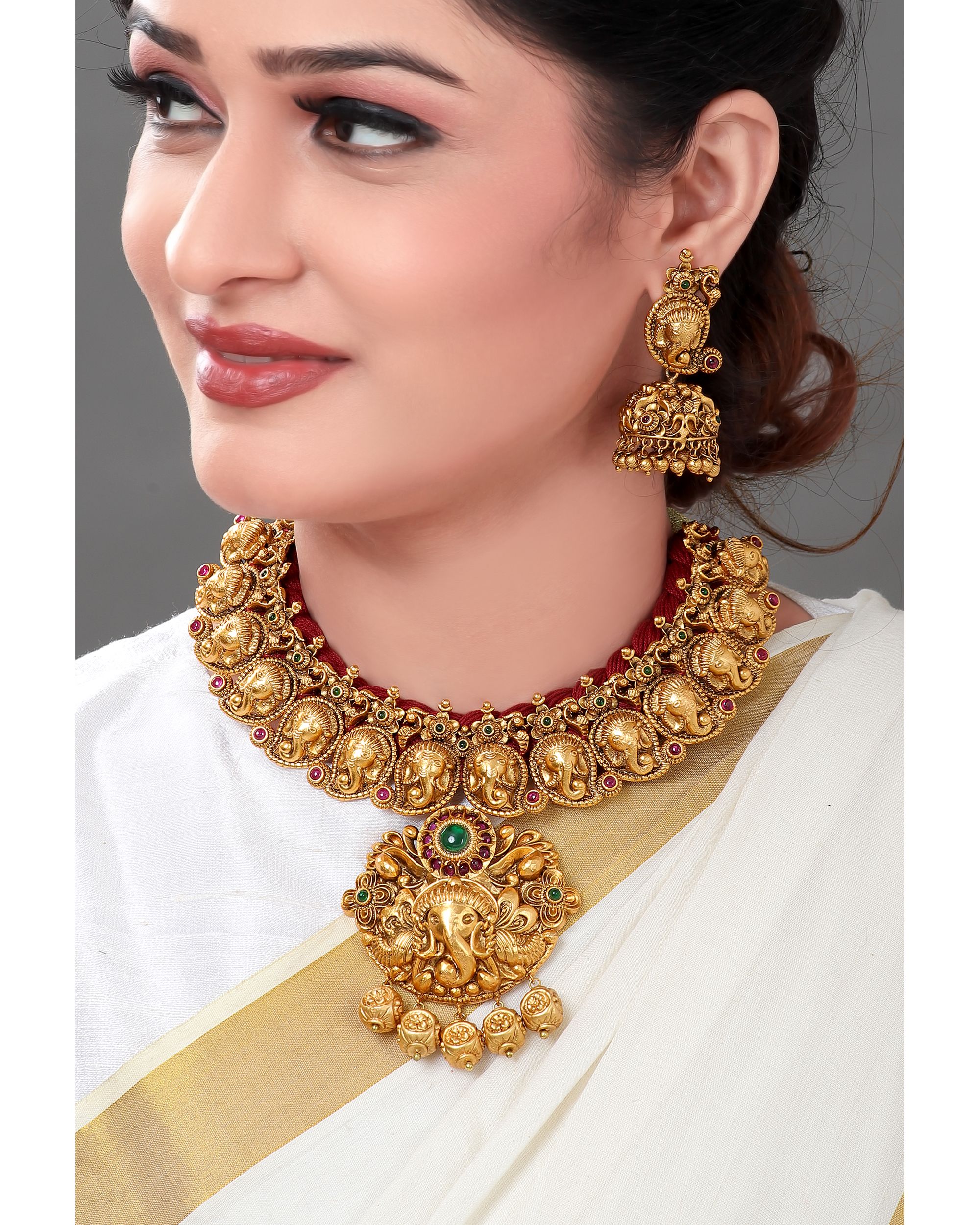Vinayak red resham thread temple neckpiece set- set of two by Joules By ...