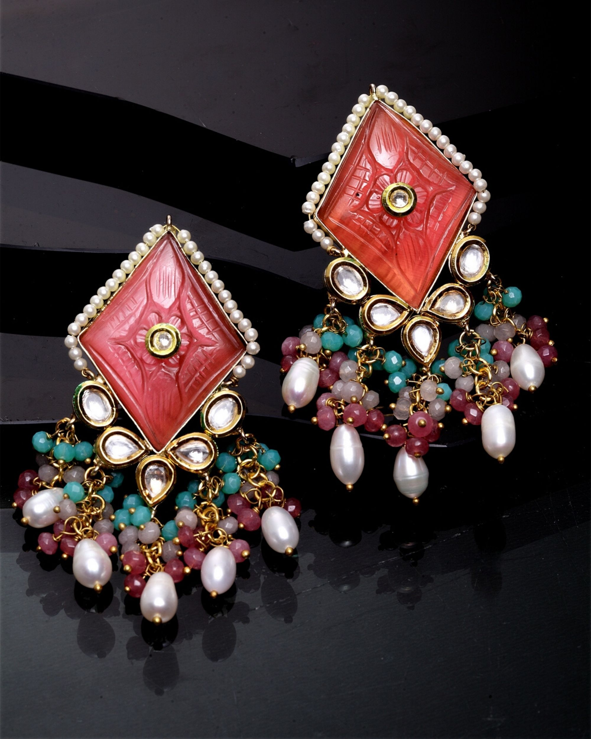 Ruby stone earrings with kundans and pearls by Dugri Style | The Secret ...