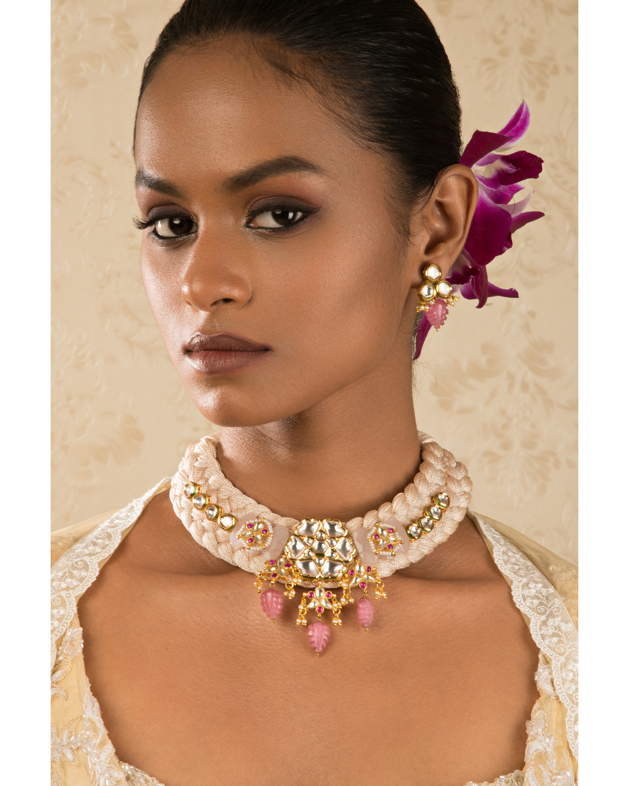 Candy pink jade drops and shell pearl choker necklace and earring - Set ...