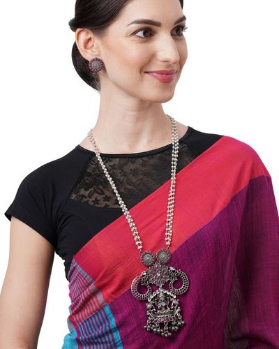 Layered pearl string Lakshmi pendant necklace and earring - set of two ...