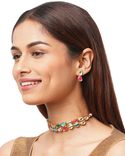 Multi colour double layered choker with earrings - set of two by Binni ...
