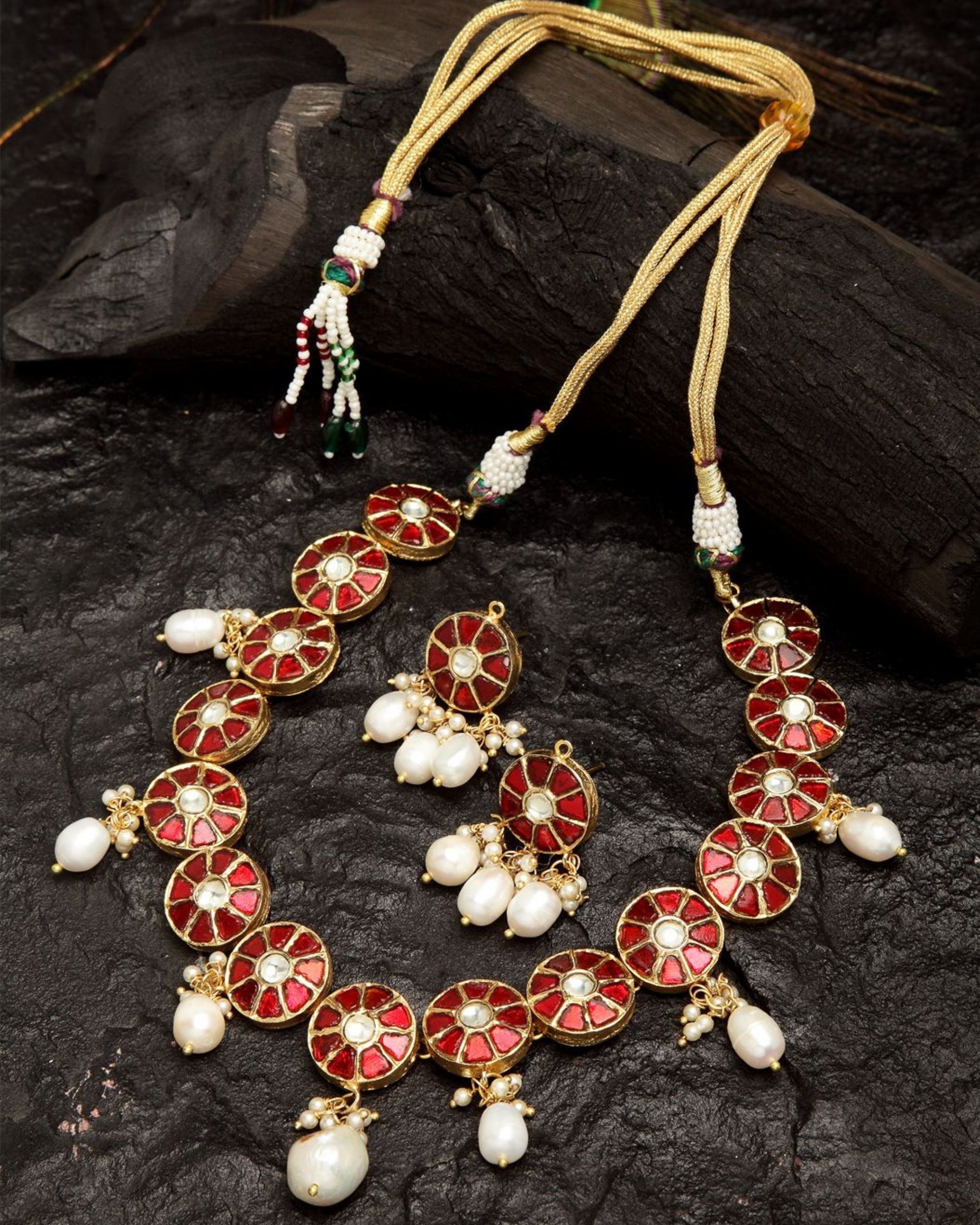 Ruby red tikdas pearl necklace and earring - set of two by Dugri Style ...