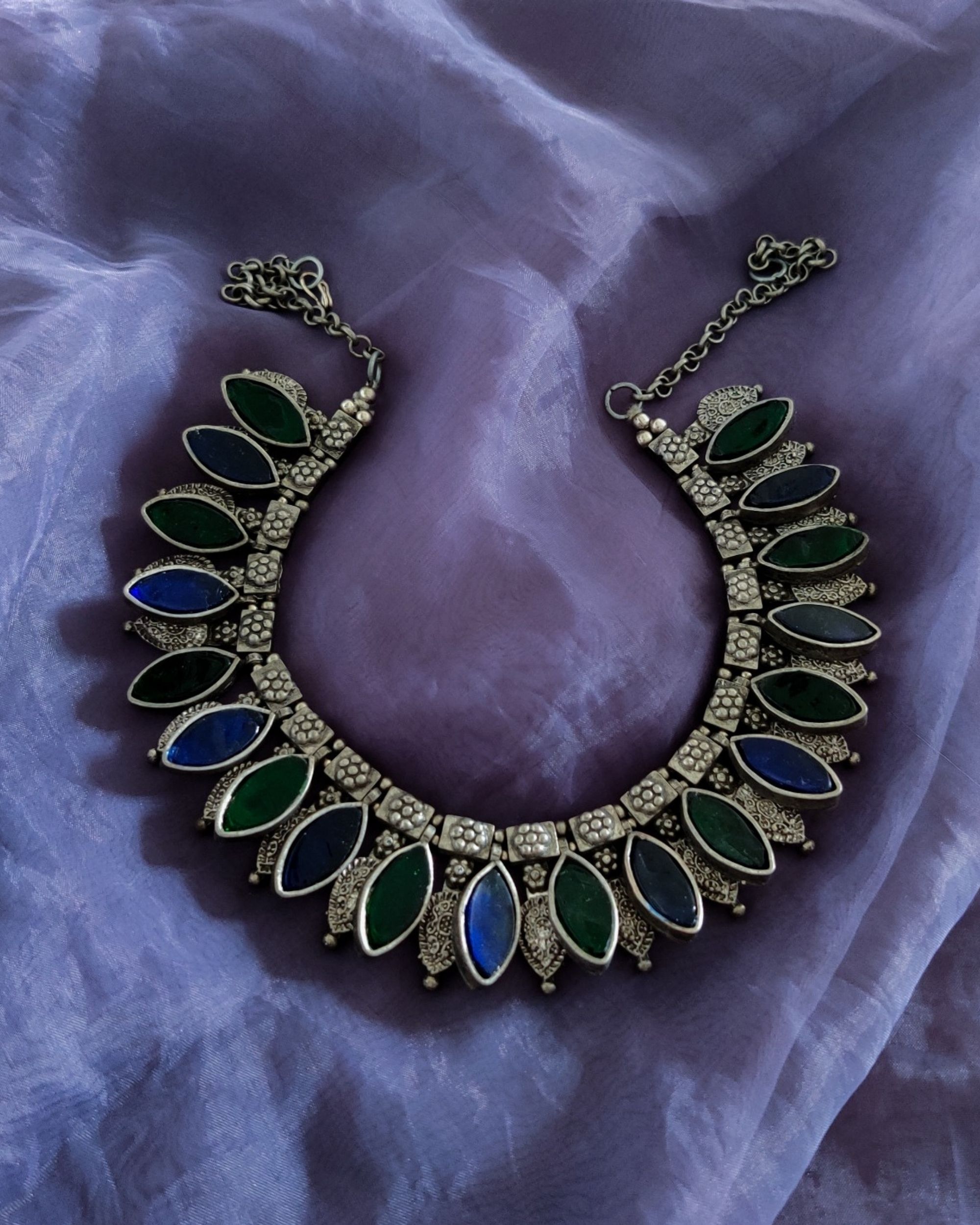 Blue and green glass embellished metal choker by Creyons | The Secret Label