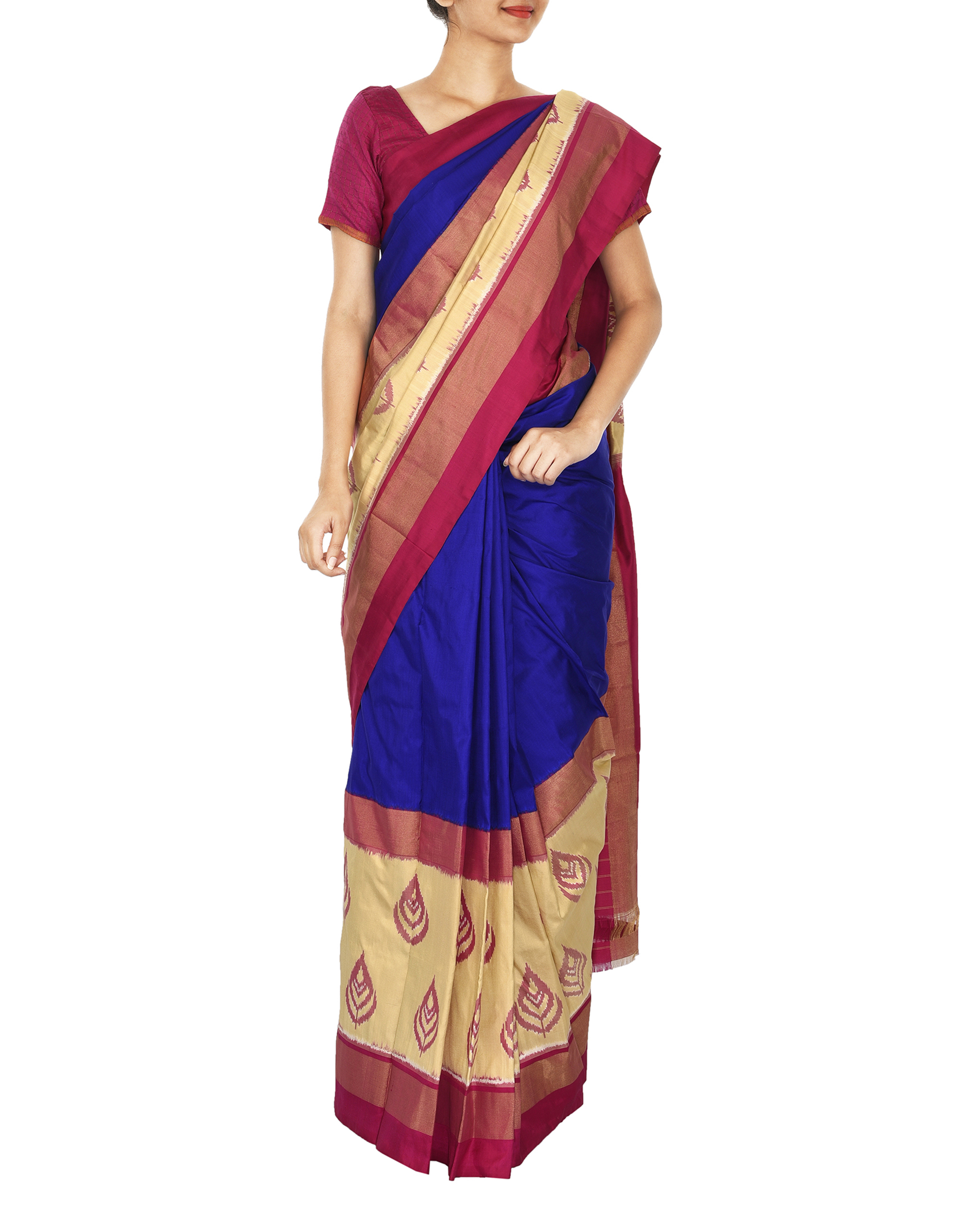 Royal blue ikat sari by Weaves Of India | The Secret Label