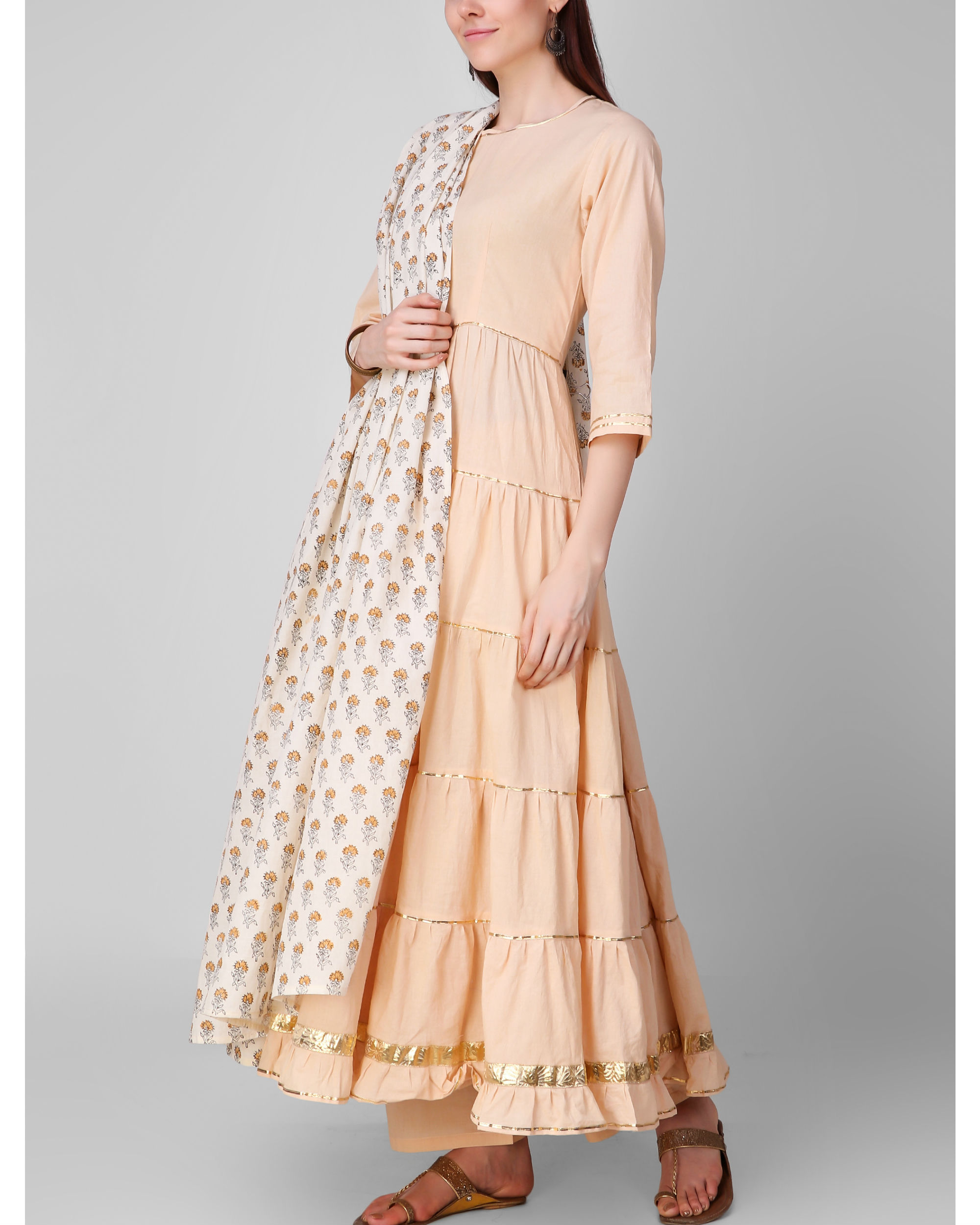 Beige cotton hand block printed anarkali-set by Label Shreya Gupta ...