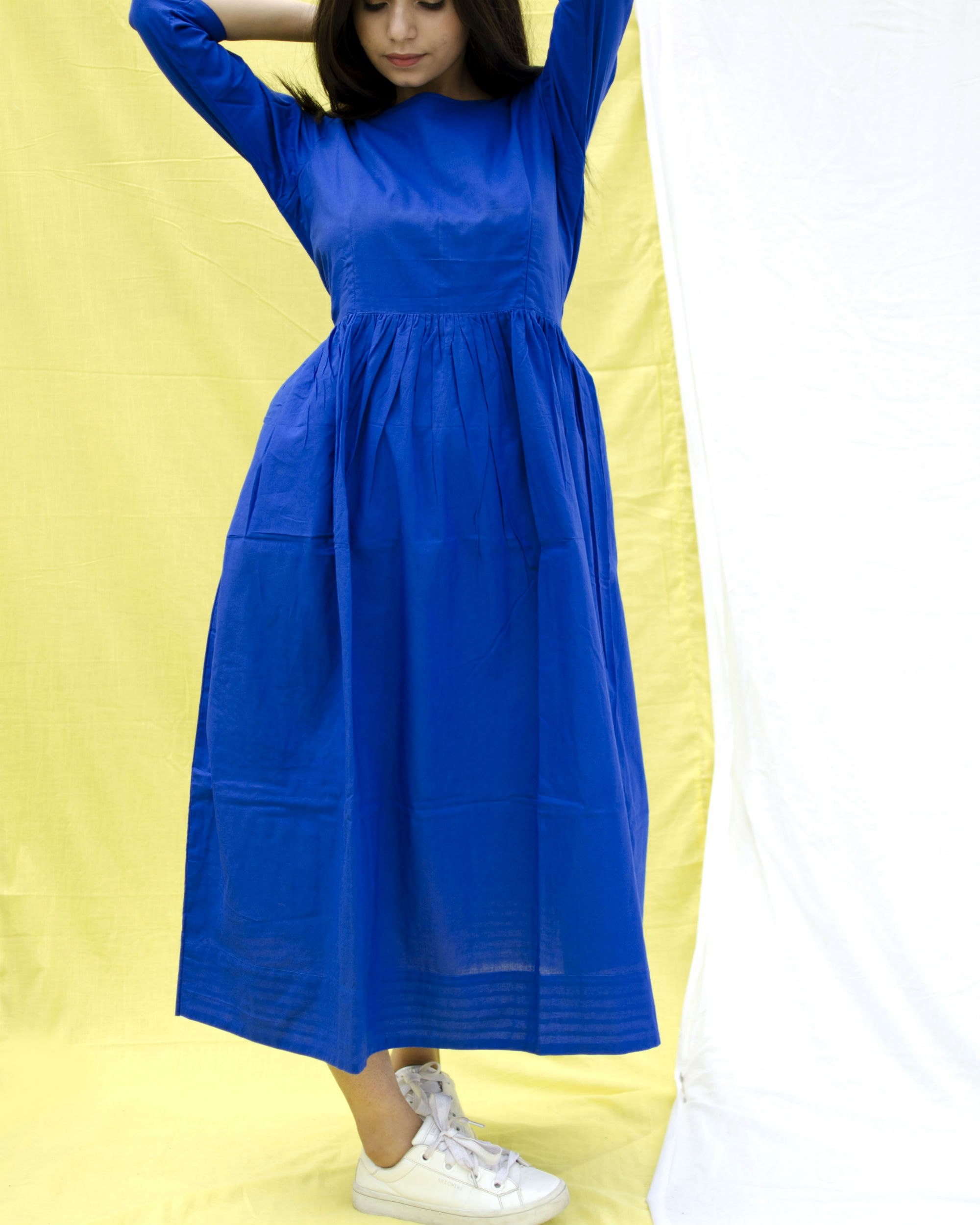 Blue gathered dress by The Cotton Staple | The Secret Label