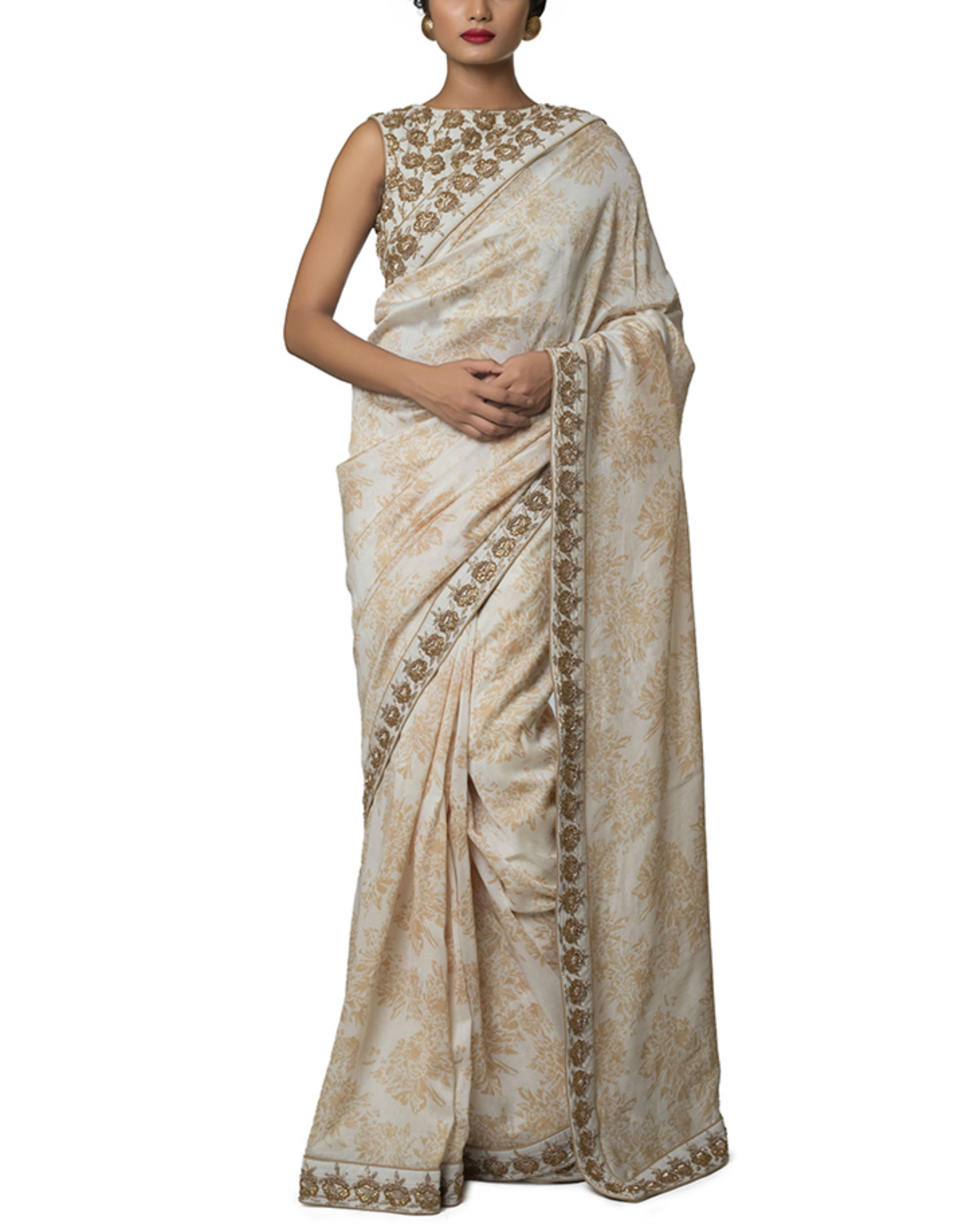 Beige hand painted sari by DEBARUN | The Secret Label