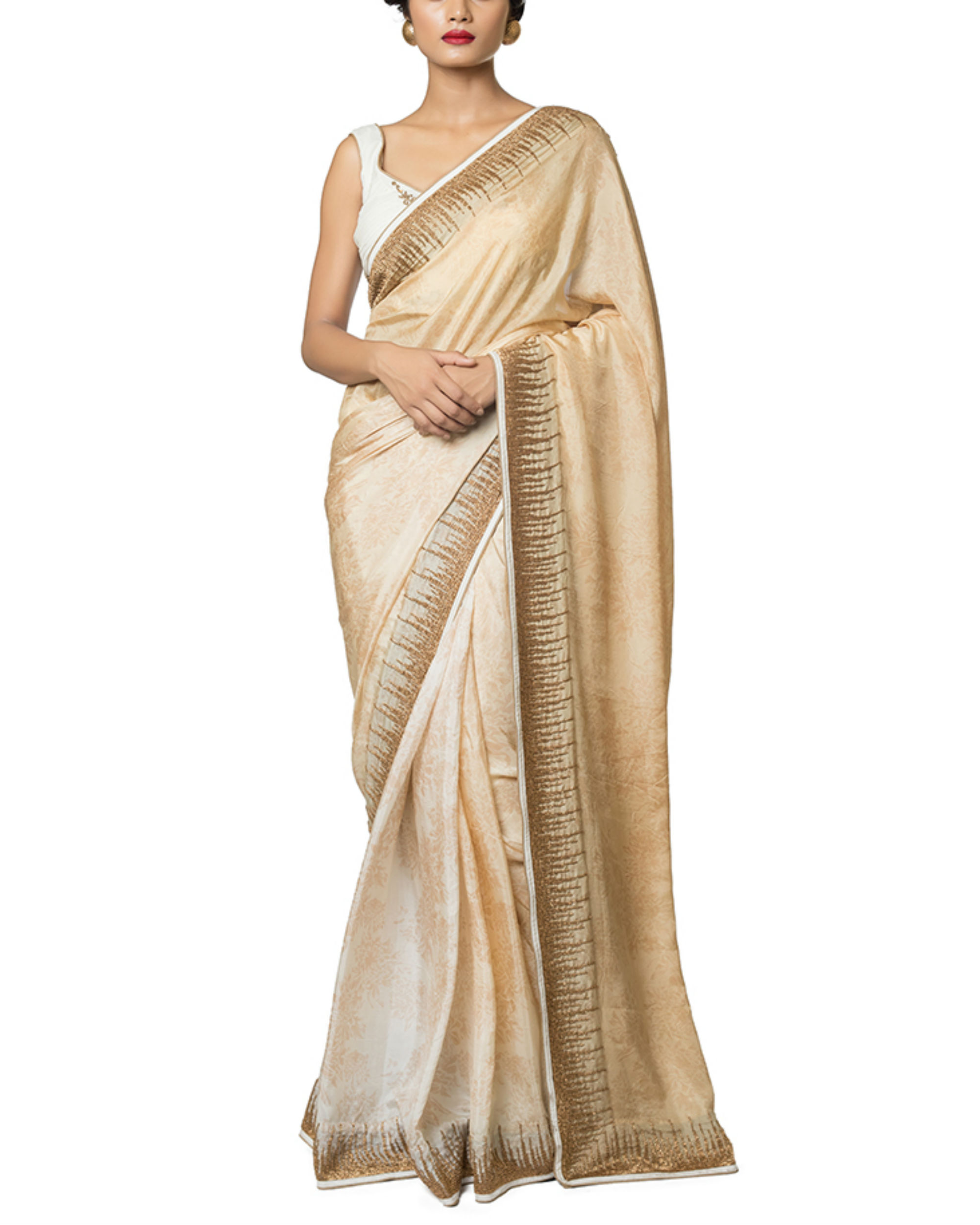 Silk beige shadow texture sari by DEBARUN | The Secret Label