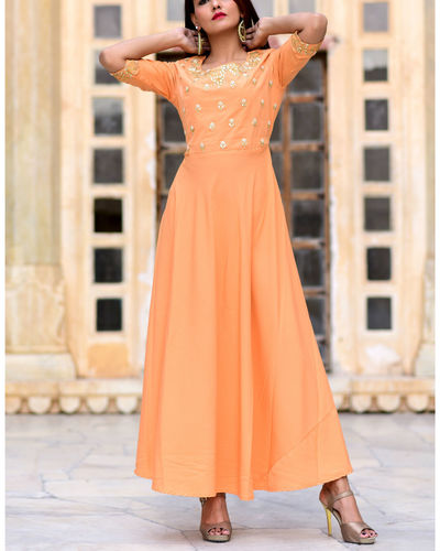 Peach gold hand work dress by Thread and Button | The Secret Label