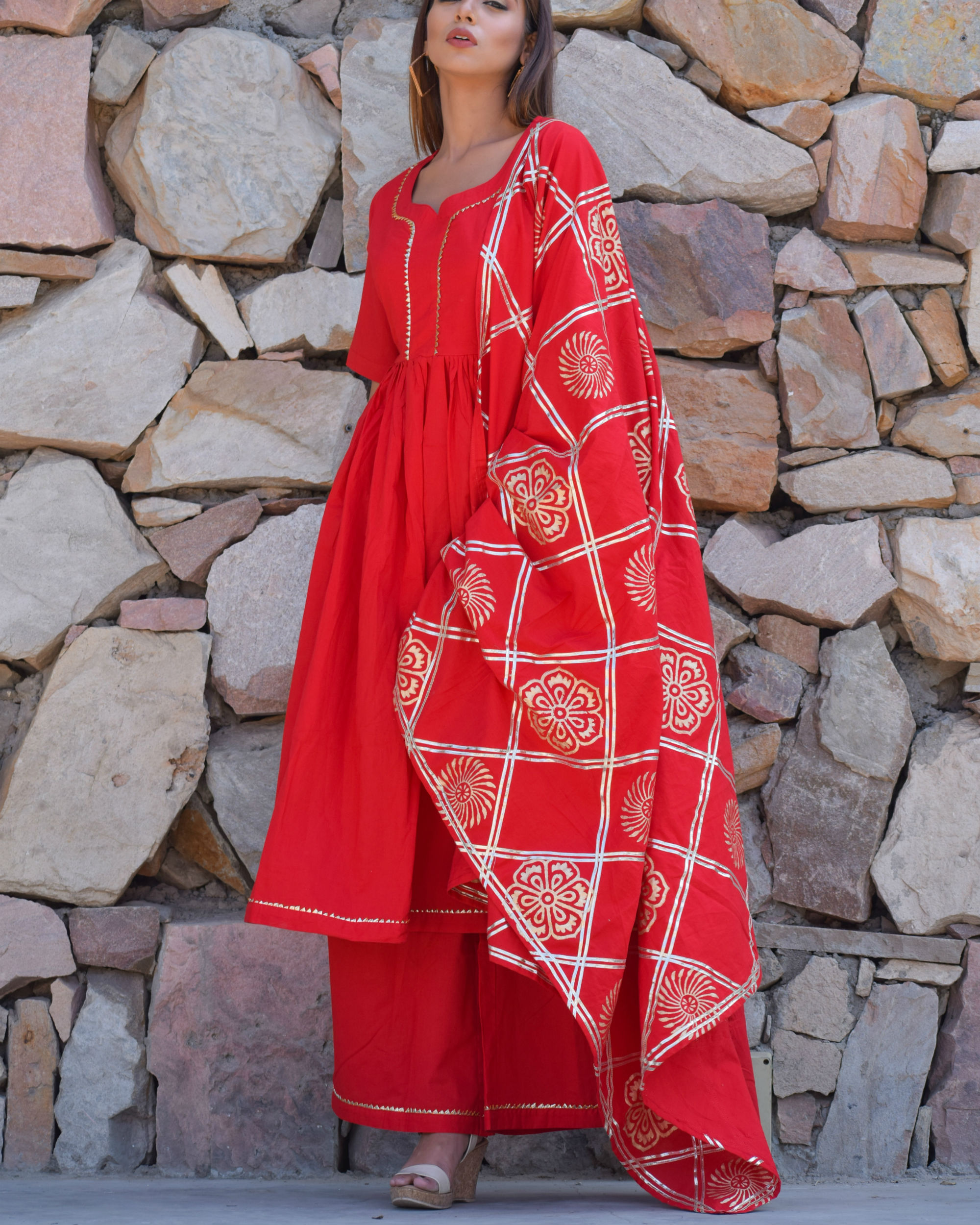 Red gathered kurta set with red dupatta by Chokhi Bandhani | The Secret ...
