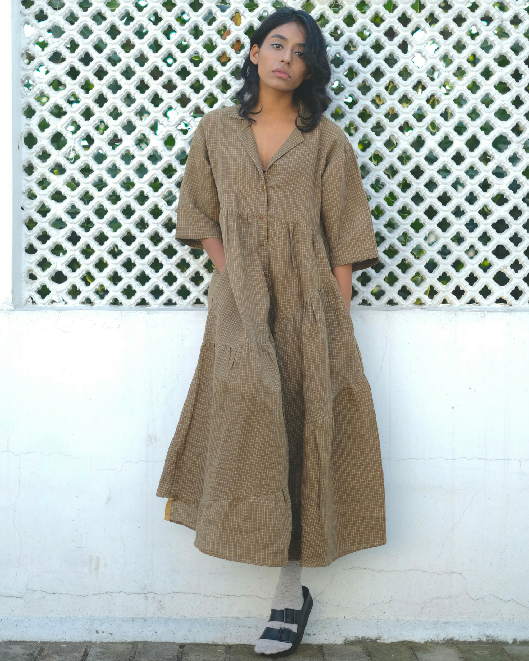 Checkered olive gathered dress by Twofold | The Secret Label