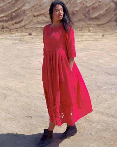 Crimson cutwork dress by Silai | The Secret Label