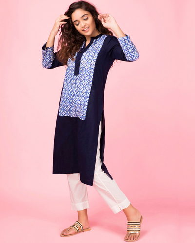 Royal blue colorblock kurta by Twirl Studio | The Secret Label
