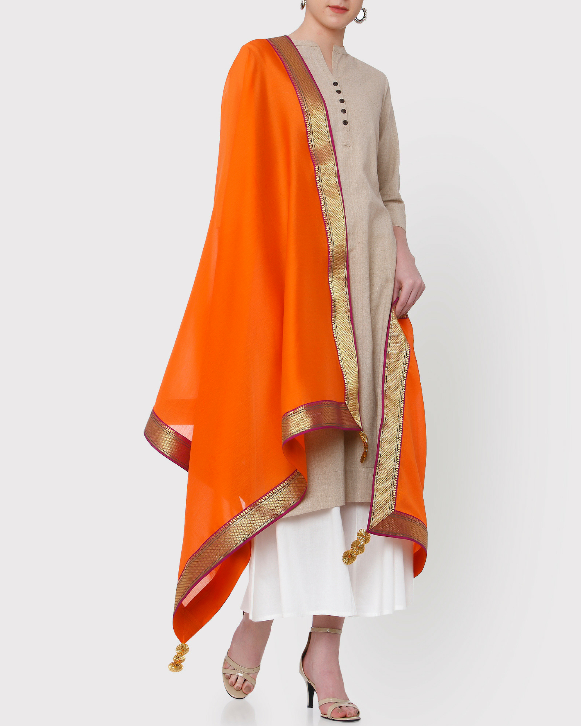 Chanderi orange dupatta with brocade lace by Fabnest | The Secret Label