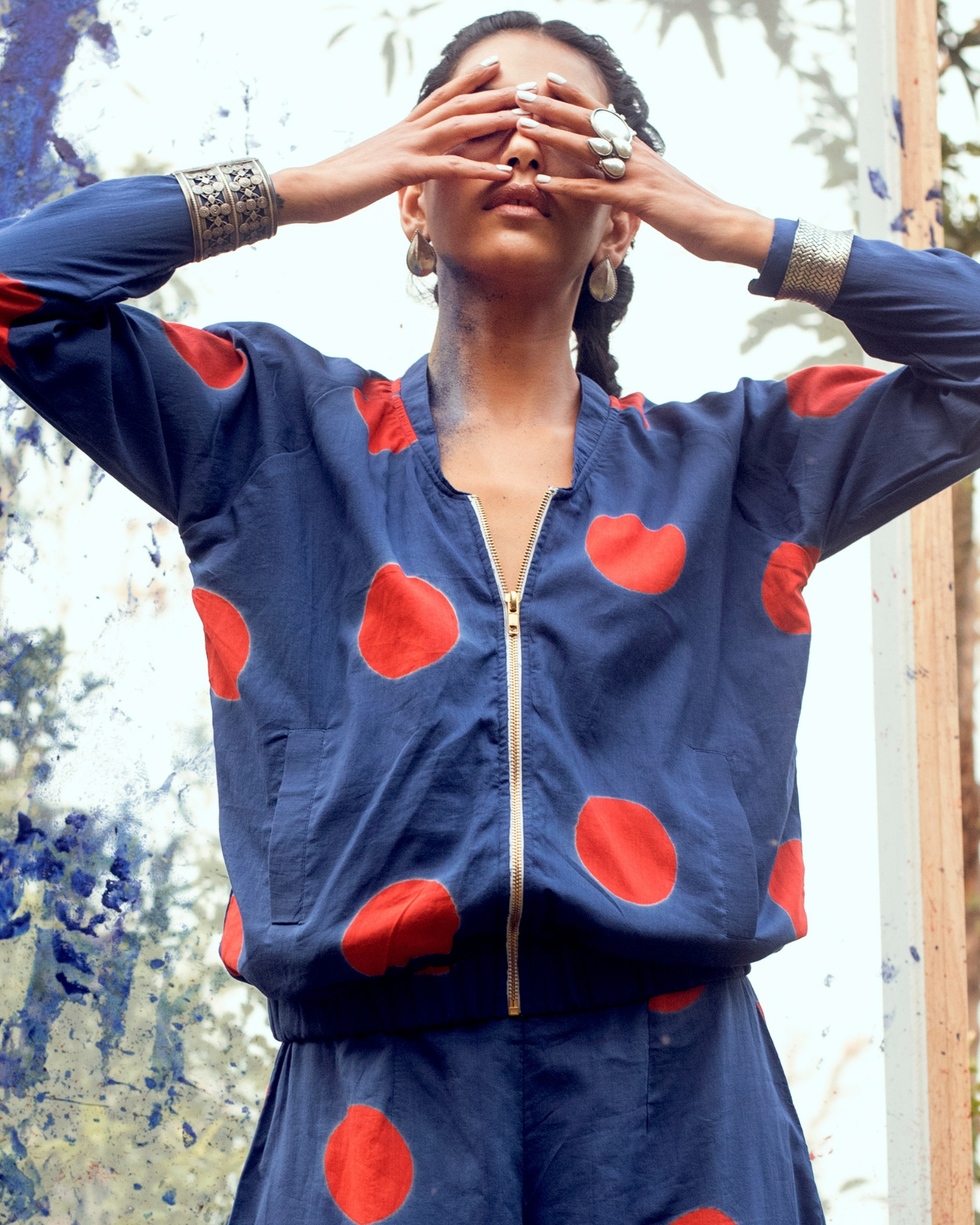 Indigo red polka dot bomber jacket by Gulaal | The Secret Label