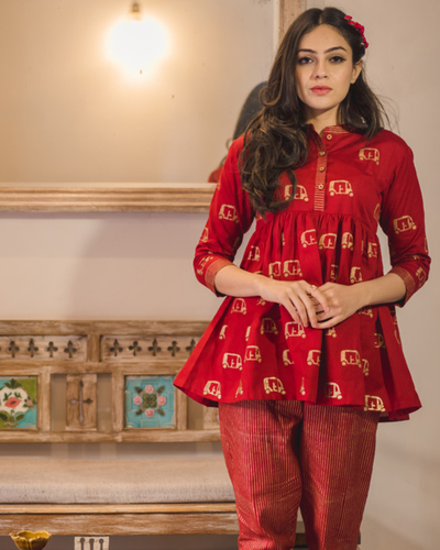 Red chanderi flared top by Purple Panchi | The Secret Label
