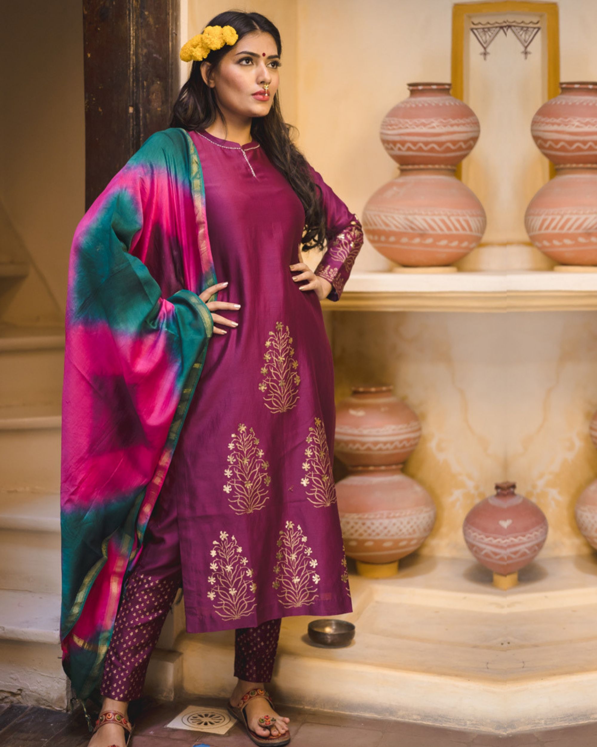 Multi colored tie-dye chanderi dupatta by Purple Panchi | The Secret Label