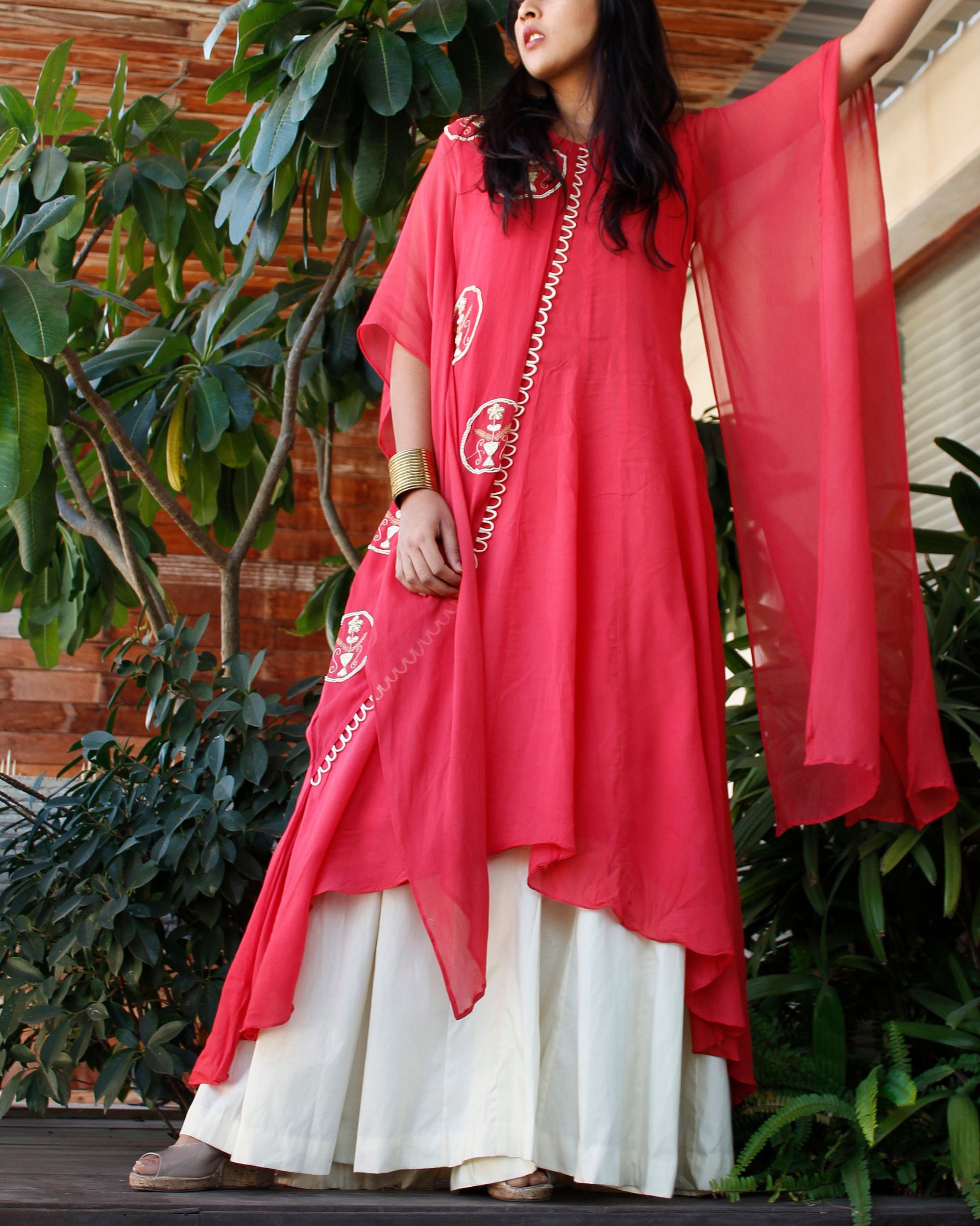 Red embroidered flared kurta set - set of two by Bari | The Secret Label