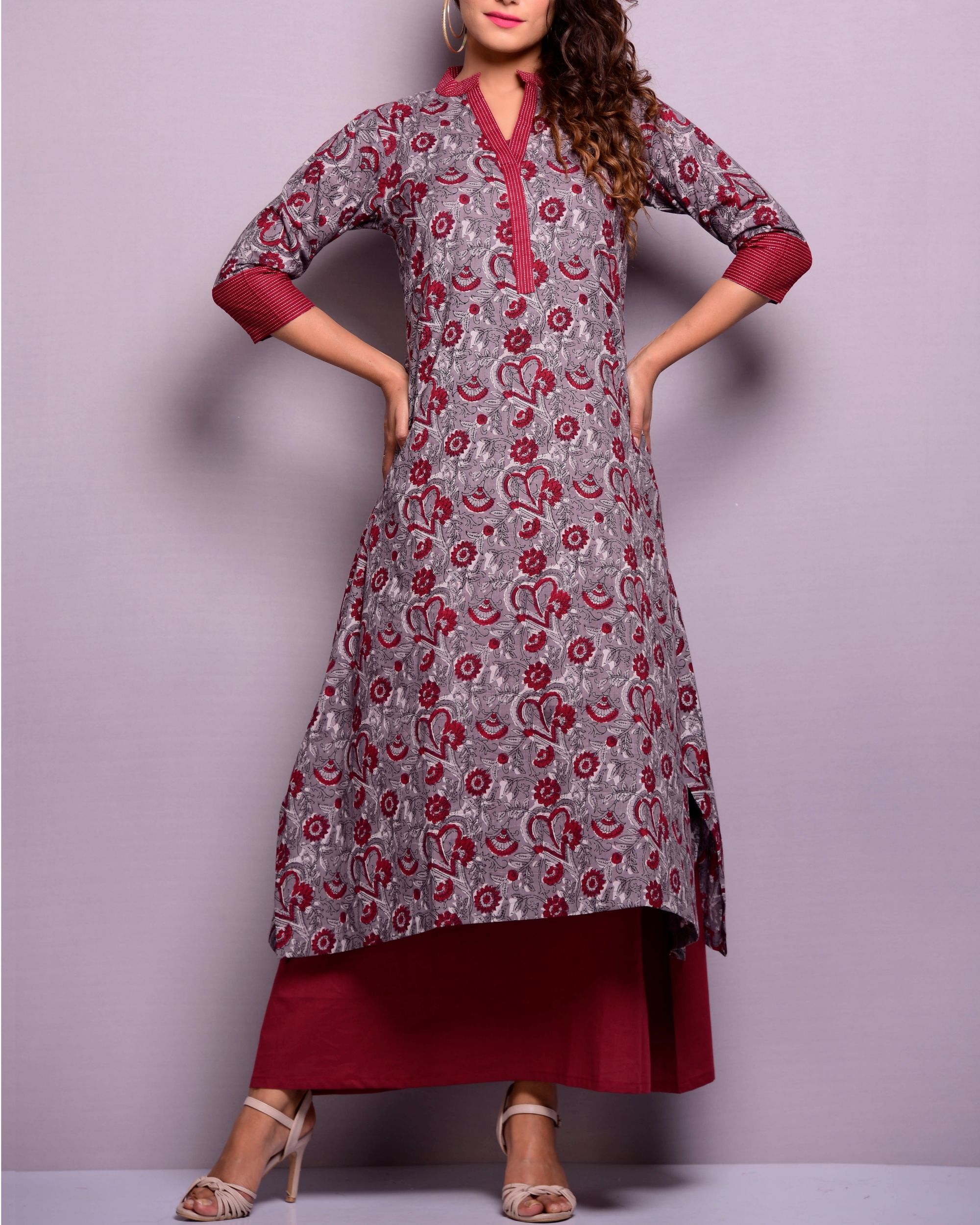 Grey printed ankle length dress with maroon inner- set of two by Kiswah ...