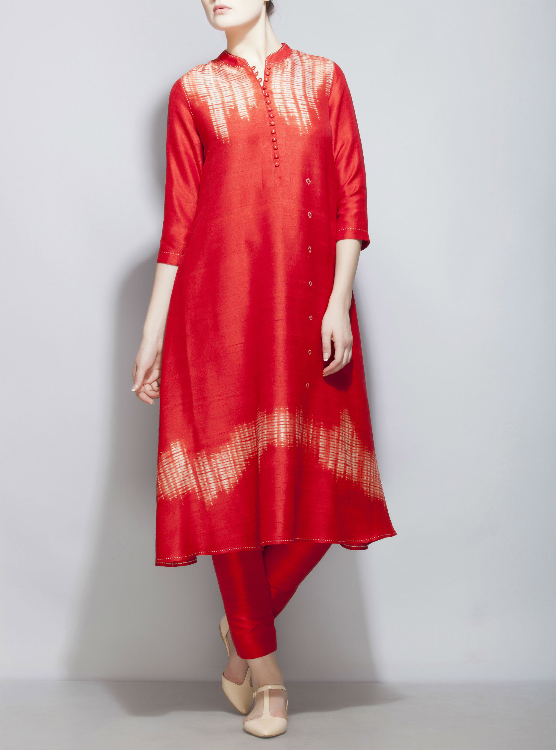 Red tye and dye raw silk tunic by Divyam Mehta | The Secret Label