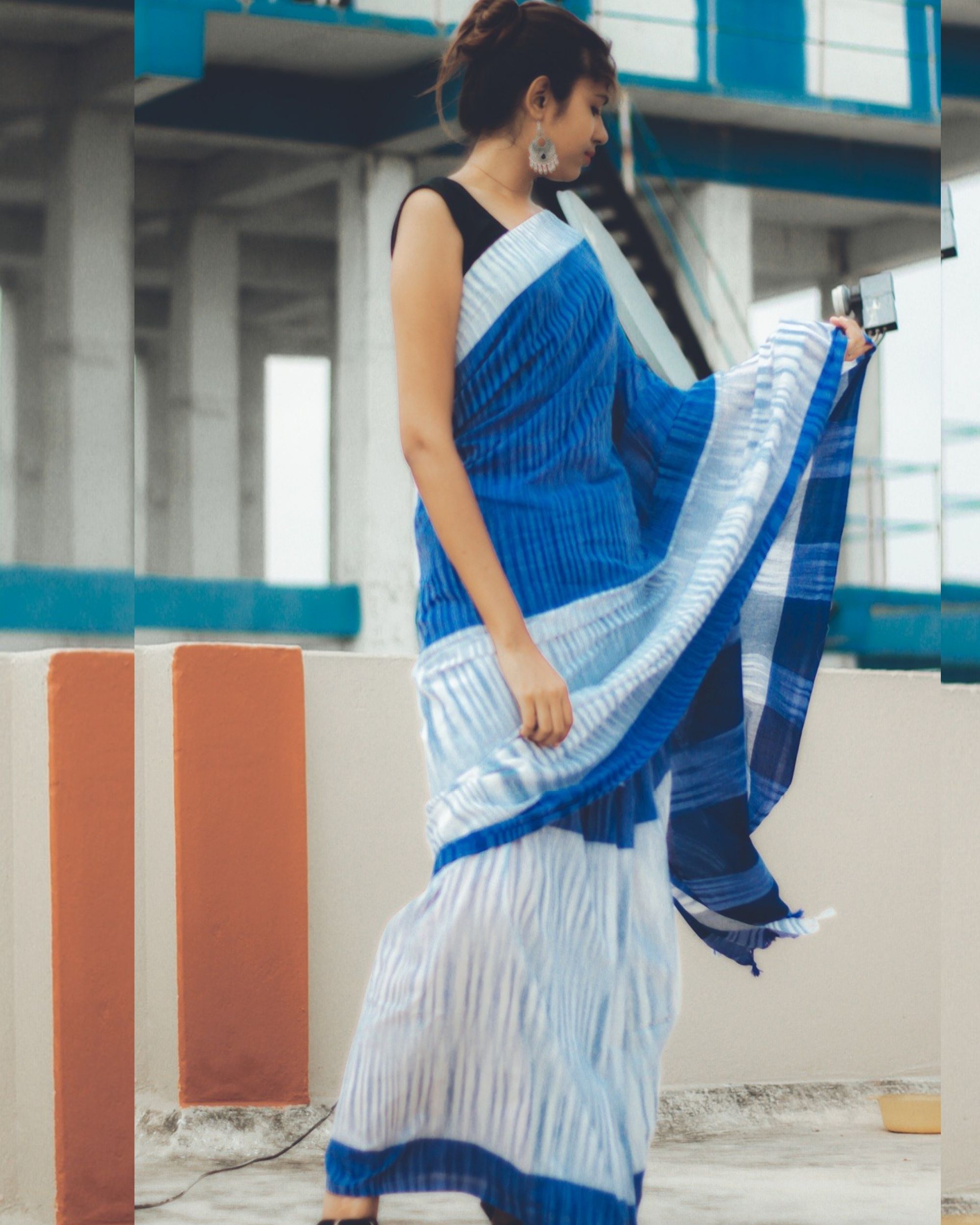 Blue and white royal ikat sari by Naomi Fashions | The Secret Label