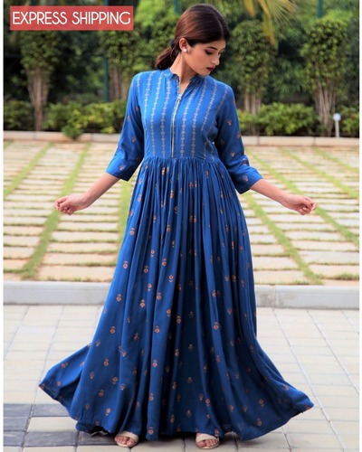 Teal Blue block printed flared dress by The Anarkali Shop | The Secret ...