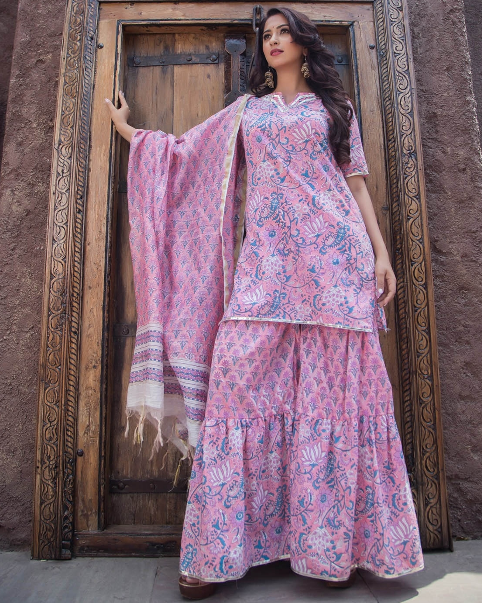 Pink printed sharara - set of three by Ambraee | The Secret Label