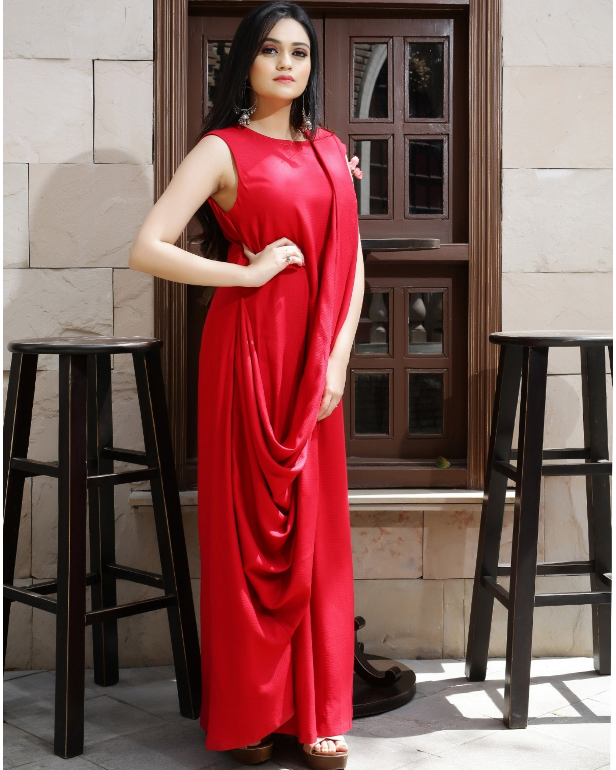 Maroon draped maxi by Ambraee | The Secret Label