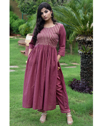 Fuchsia gathered kurta set with gota-set of two by Pristine Tints | The Secret Label