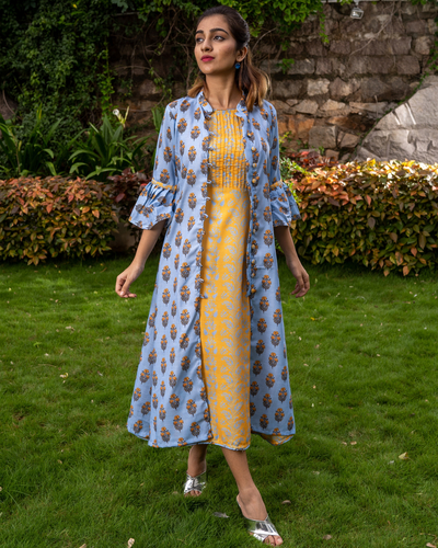 Mustard Inner with Grey Bell Sleeves Jacket - Set of Two by Desi Doree ...