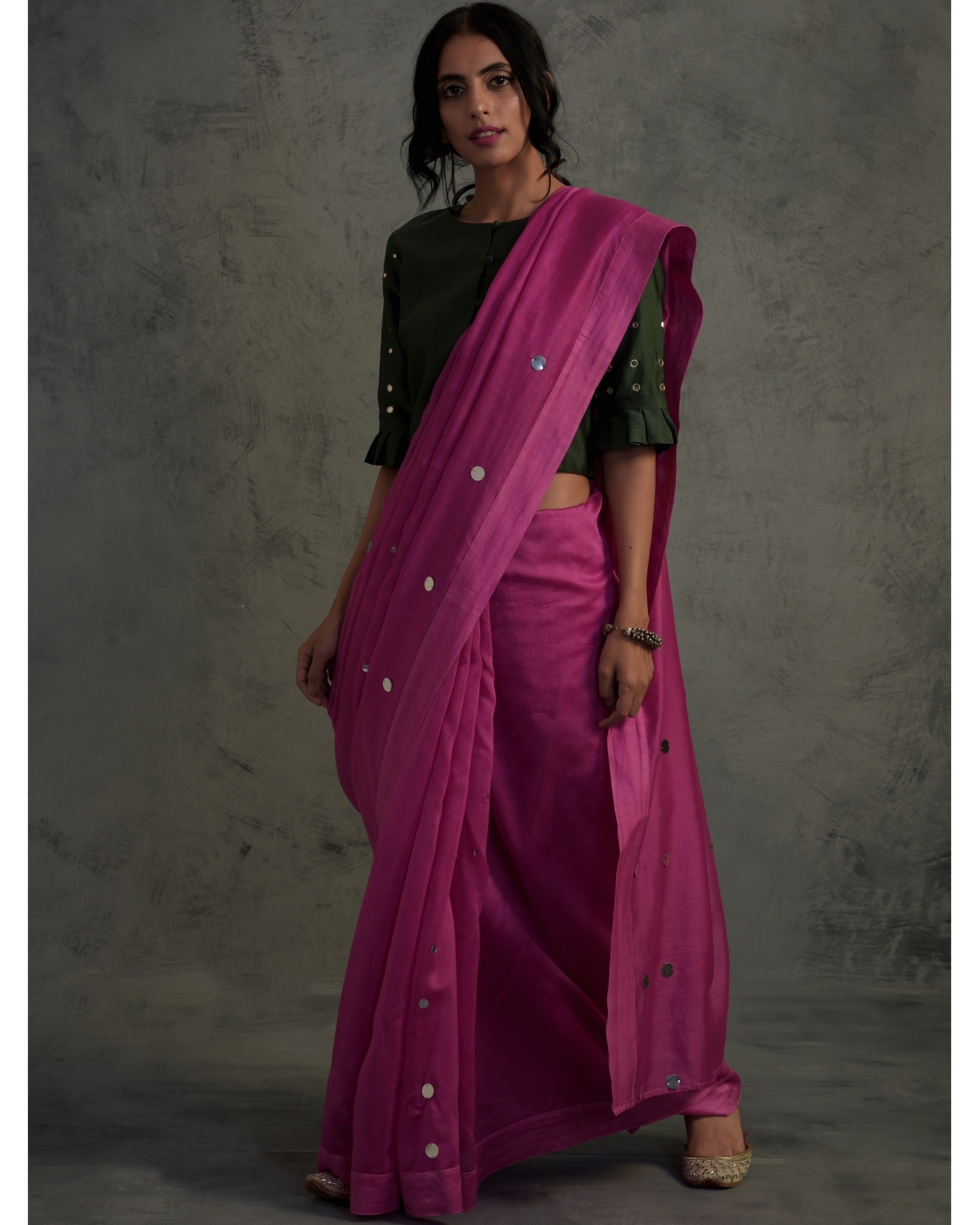 Chanderi magenta sari with pleated bottle green crop top-set of two by ...