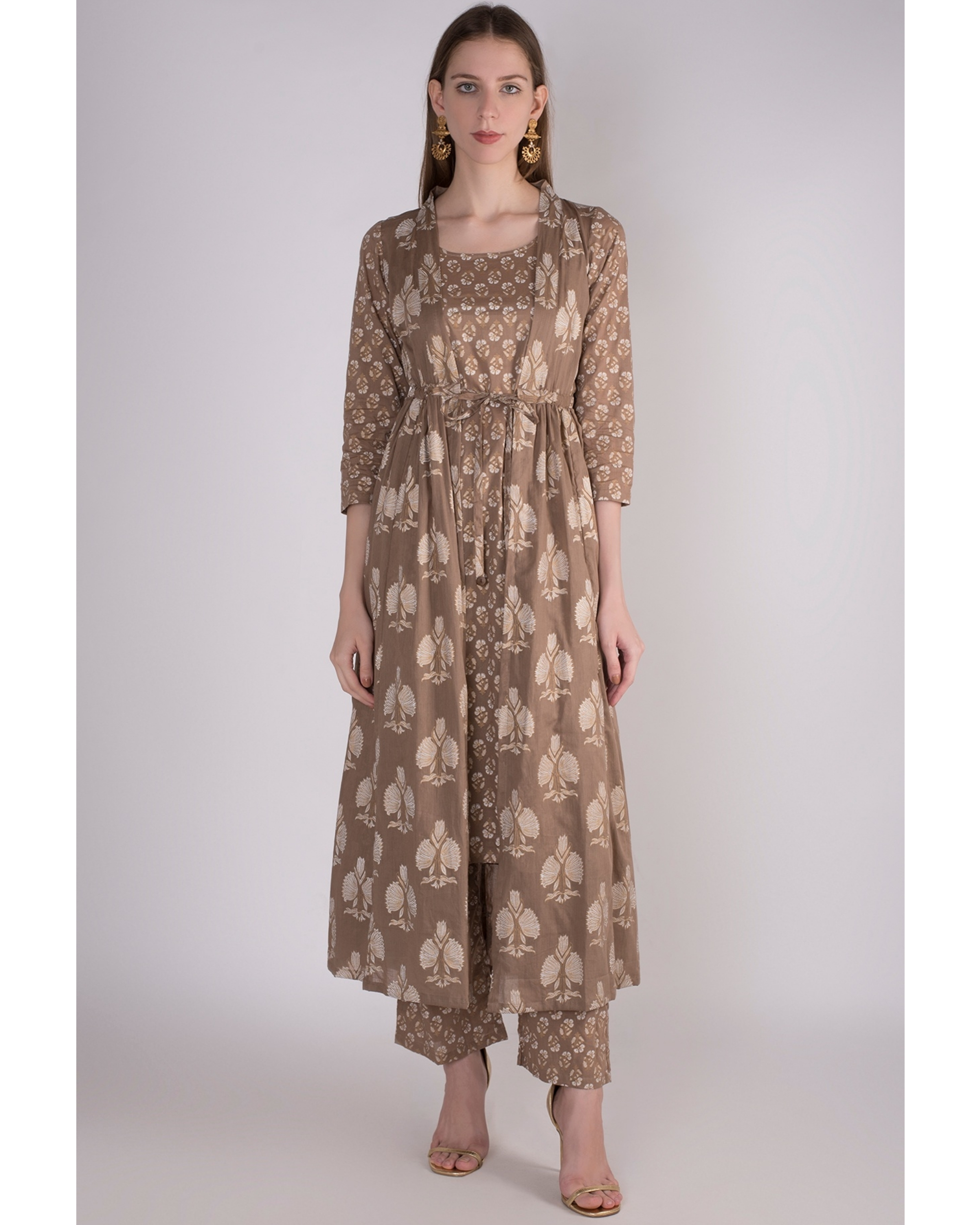 Brown tunic jacket set-set of three by Rivaaj | The Secret Label