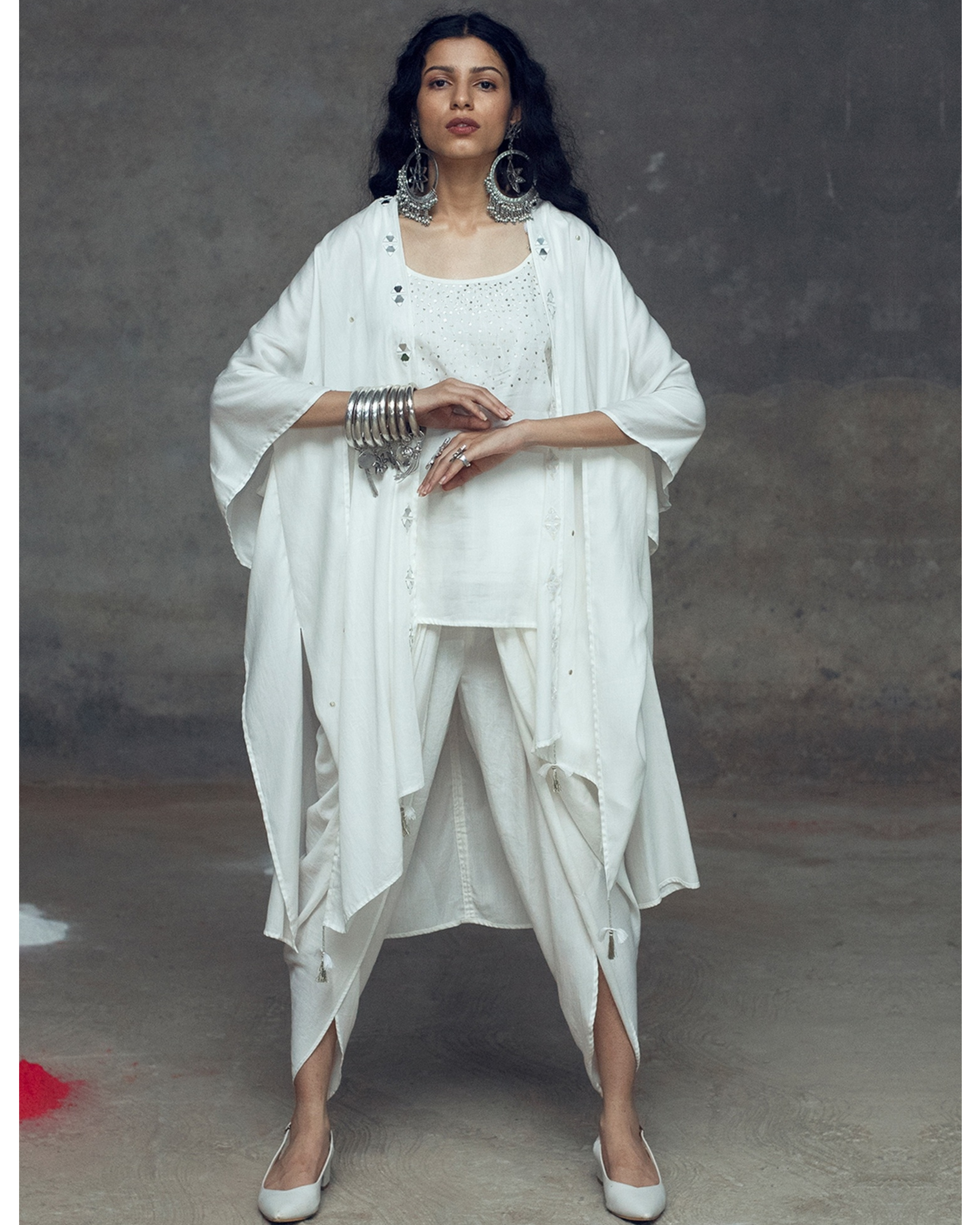 White top & dhoti set with cover up - set of three by Gulaal | The ...