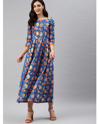 Royal blue block printed a-line dress by Swishchick | The Secret Label