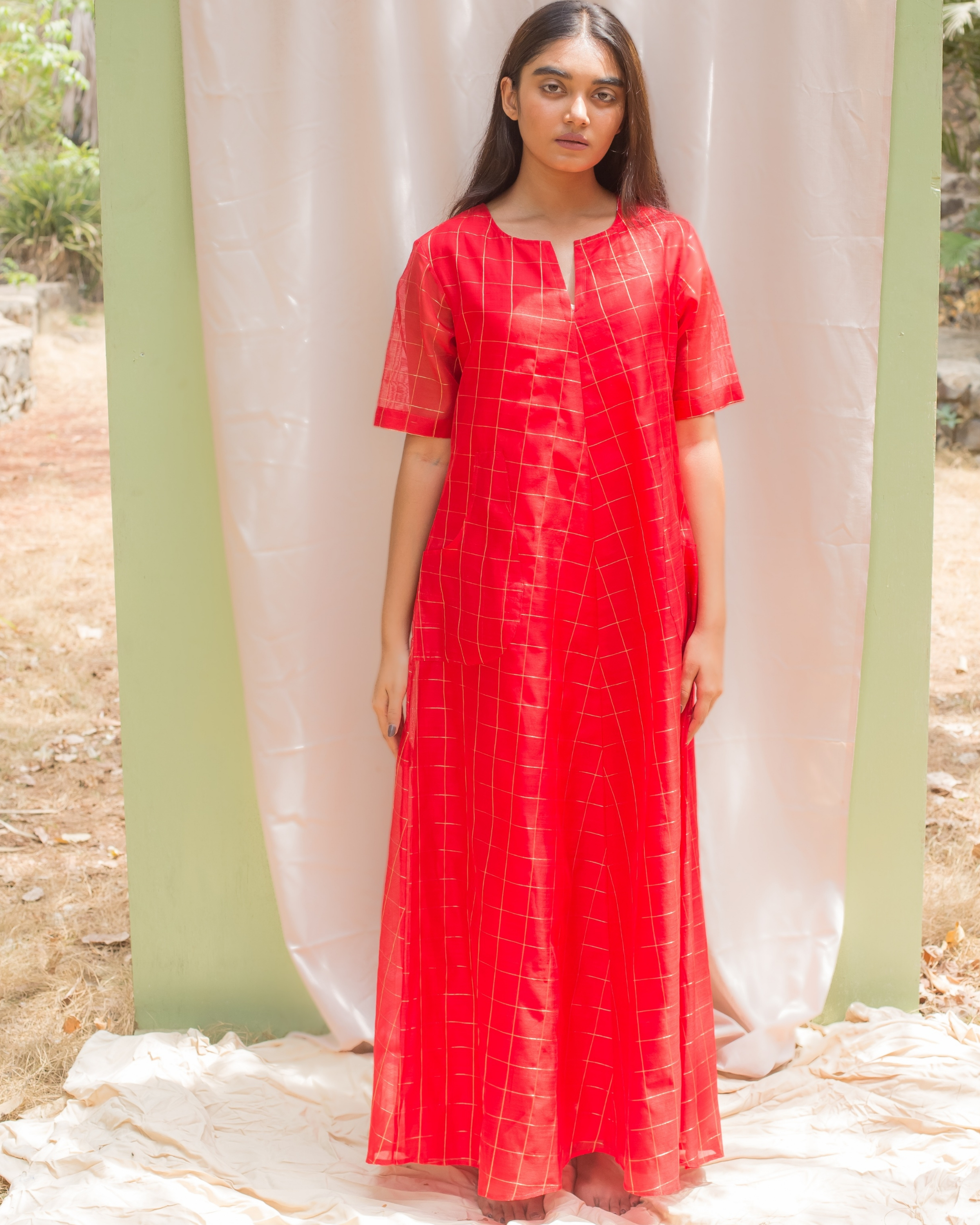 Red chanderi dress with golden zari checks by Kokum | The Secret Label
