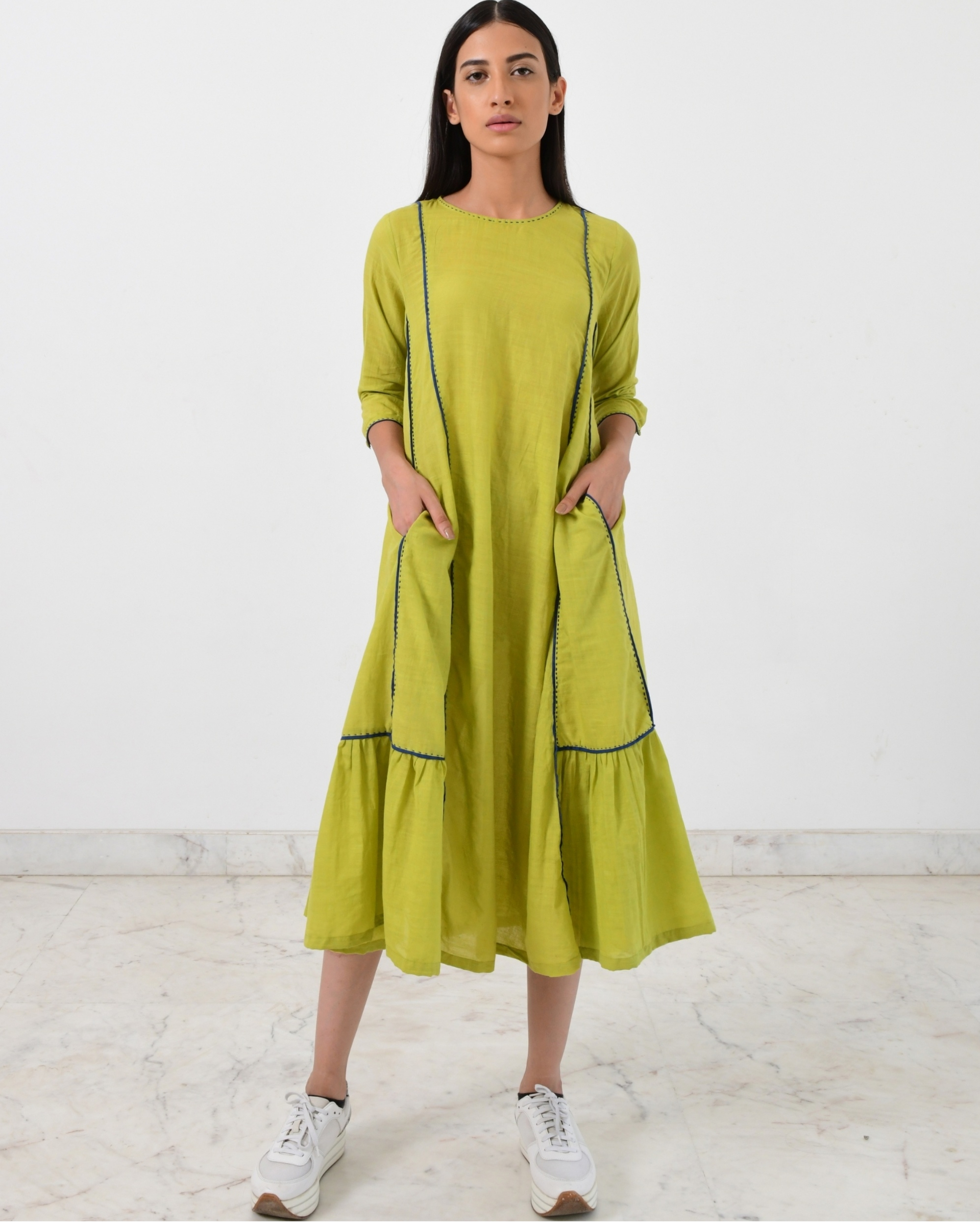 Green paneled cotton dress with contrasting piping by Rias | The Secret ...