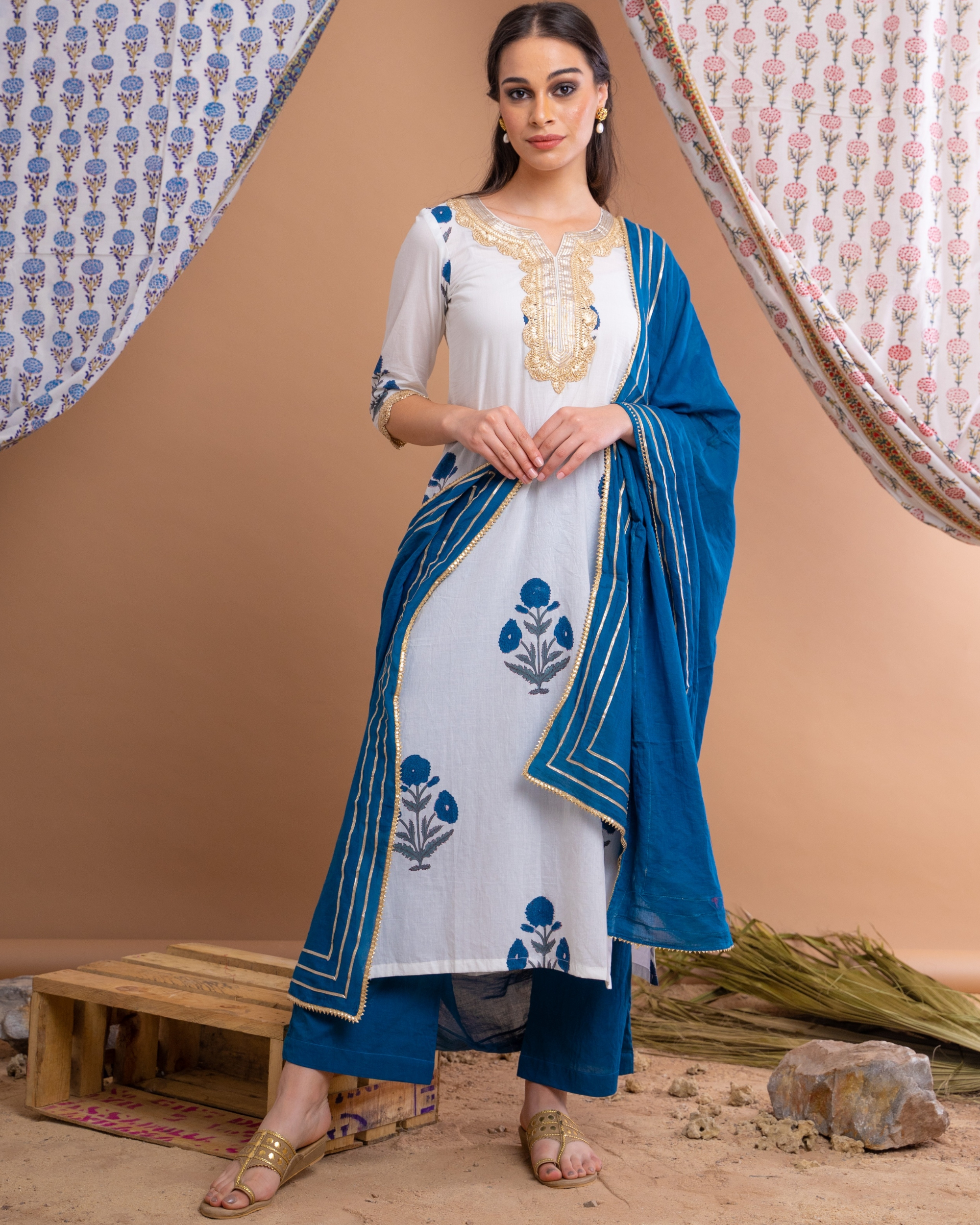 Blue mughal motif suit set with dupatta - set of three by Itraake | The ...