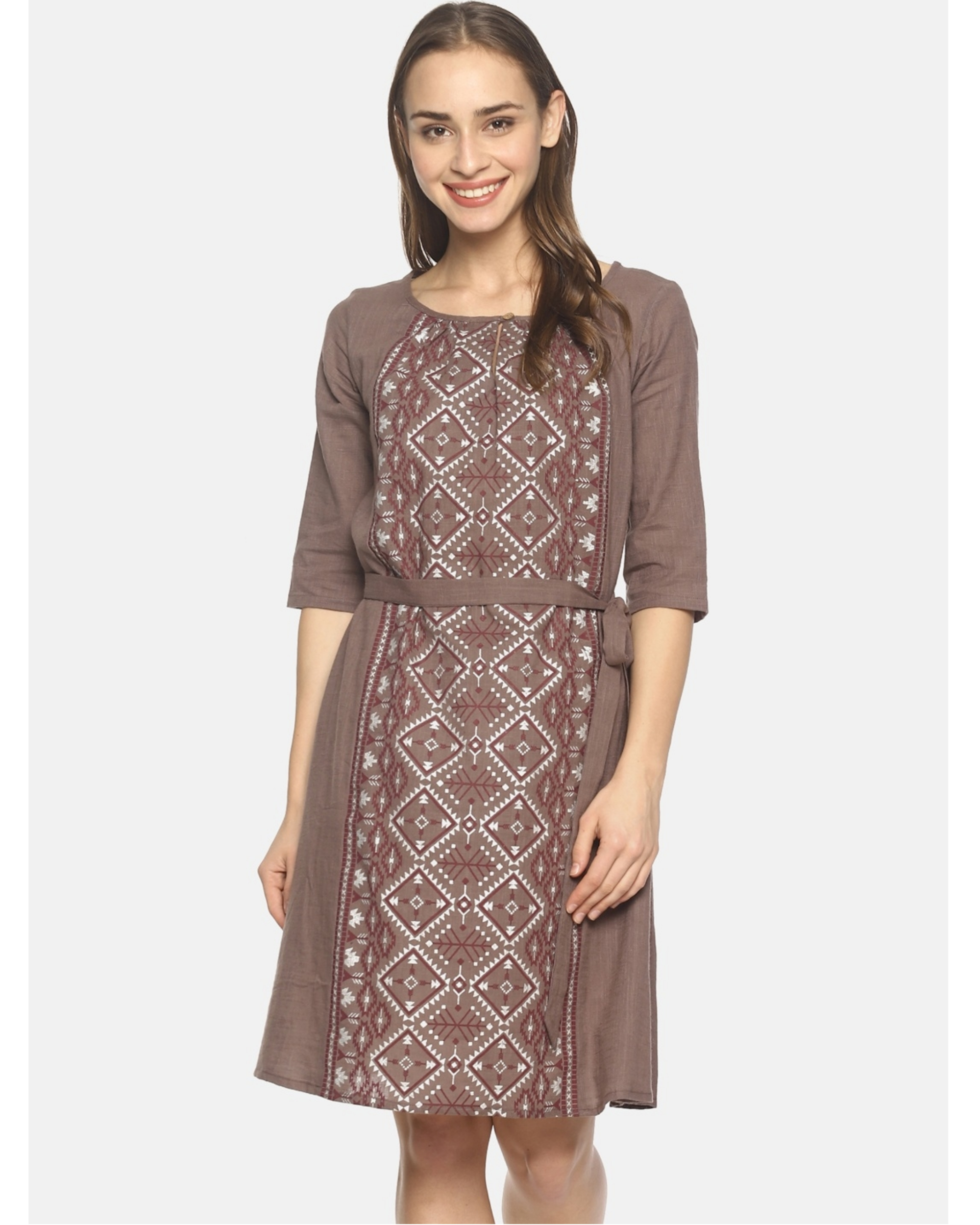 Grey panel printed dress with tie-up belt by UNTUNG | The Secret Label