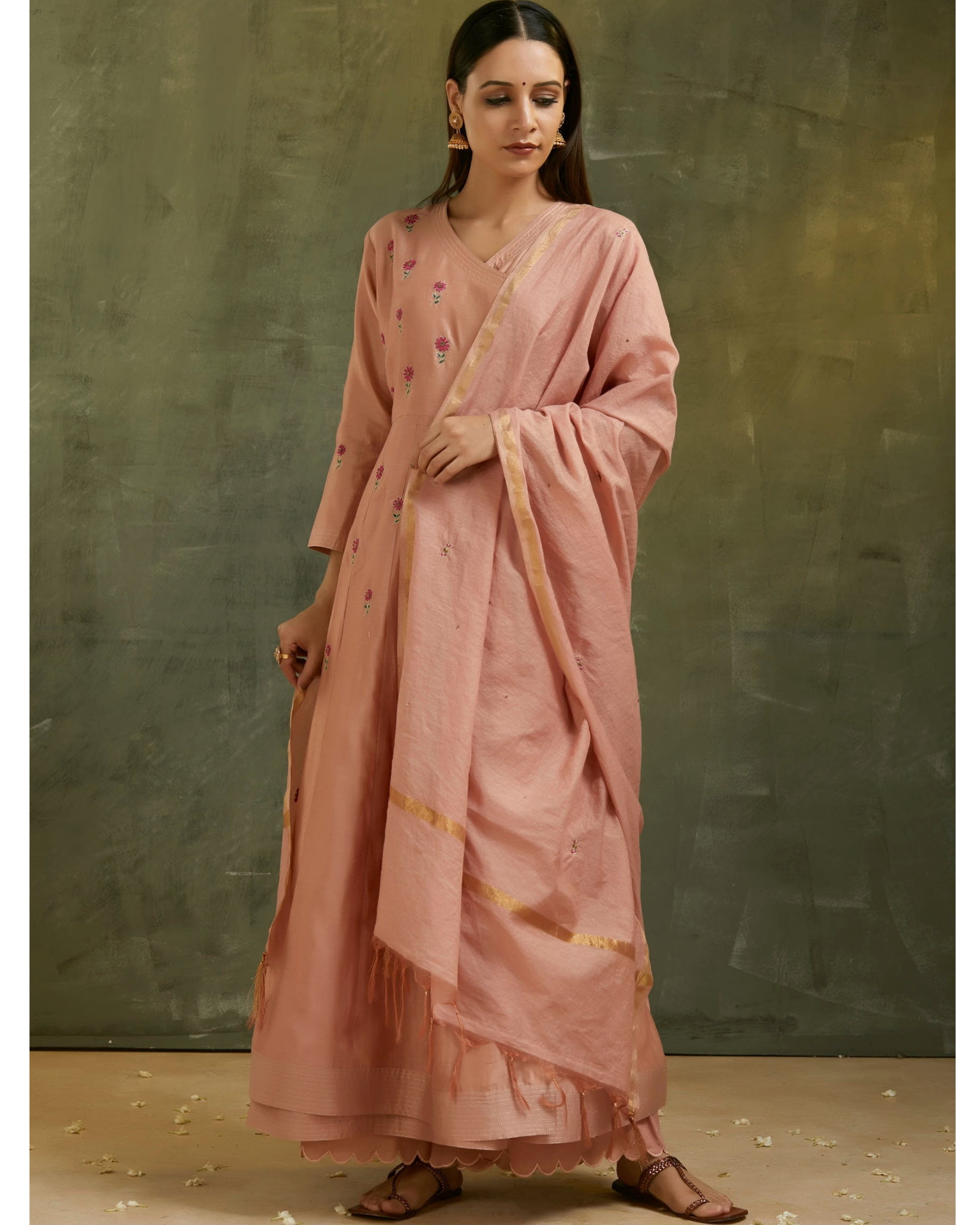 Burnt pink embroidered angarkha set with dupatta- Set of three by ...