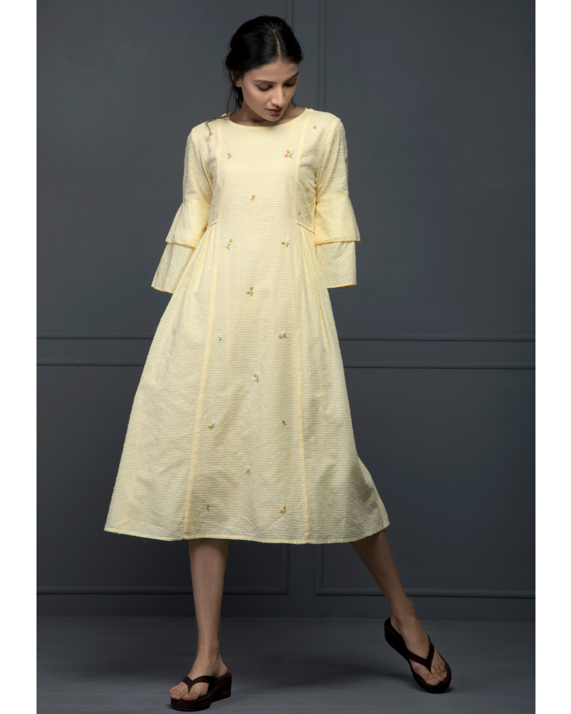 Yellow floral embroidered dress by Santav | The Secret Label