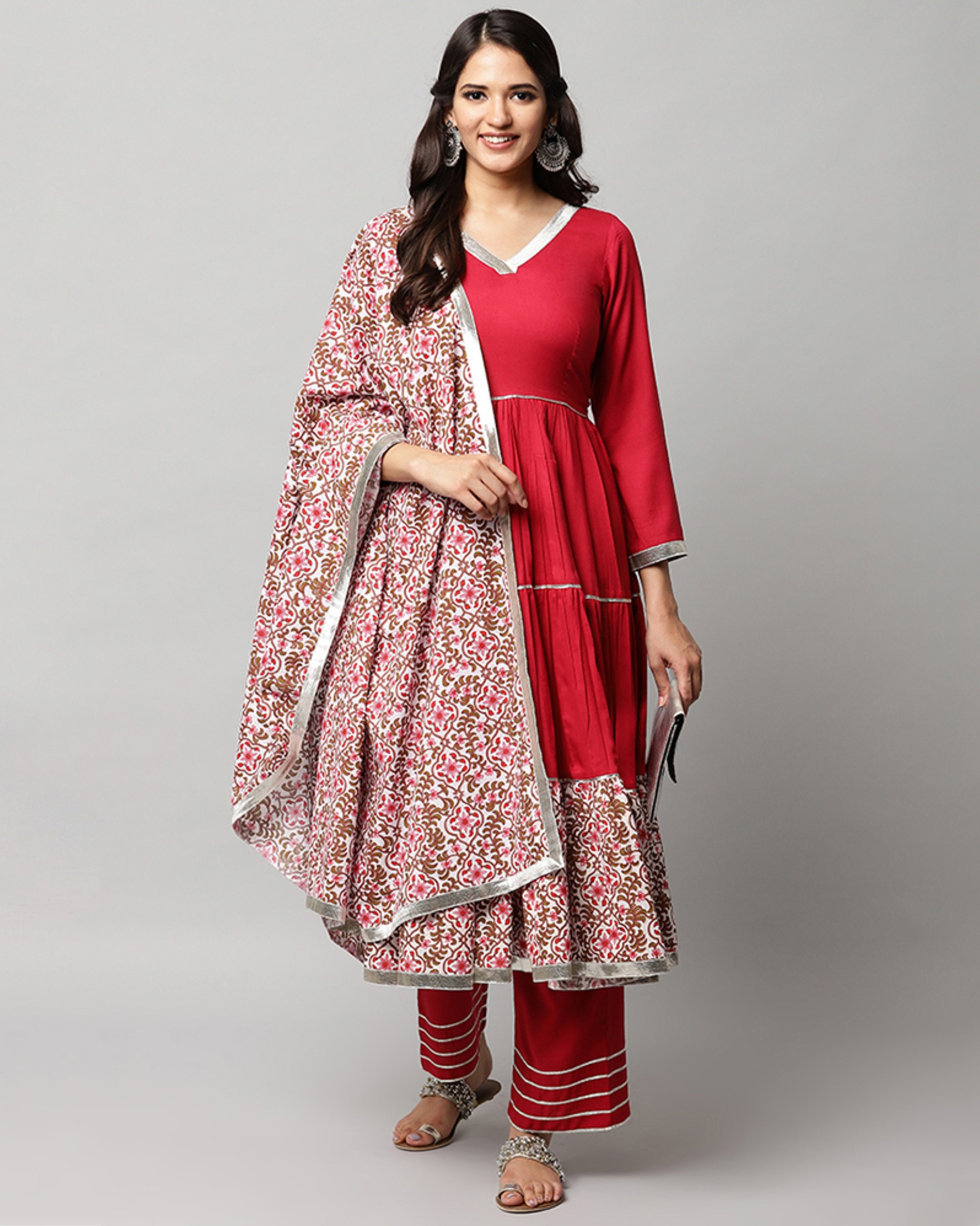 Maroon printed tiered anarkali set- set of three by Rivaaj | The Secret ...