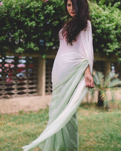Pure Chiffon Pista Green And Off White Ombre Saree With Sequins By