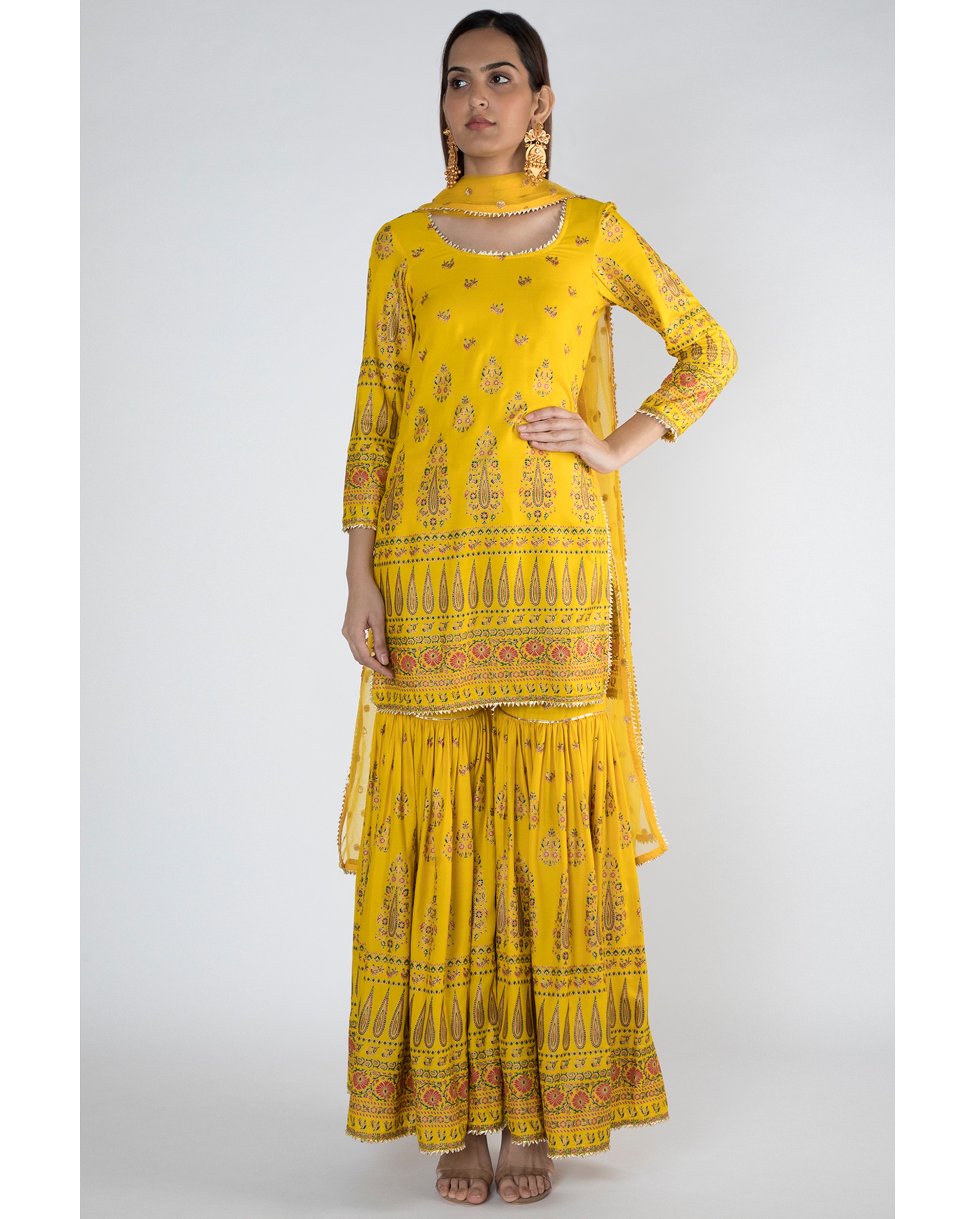 Tuscan yellow printed kurta and gharara set-set of three by Rivaaj ...