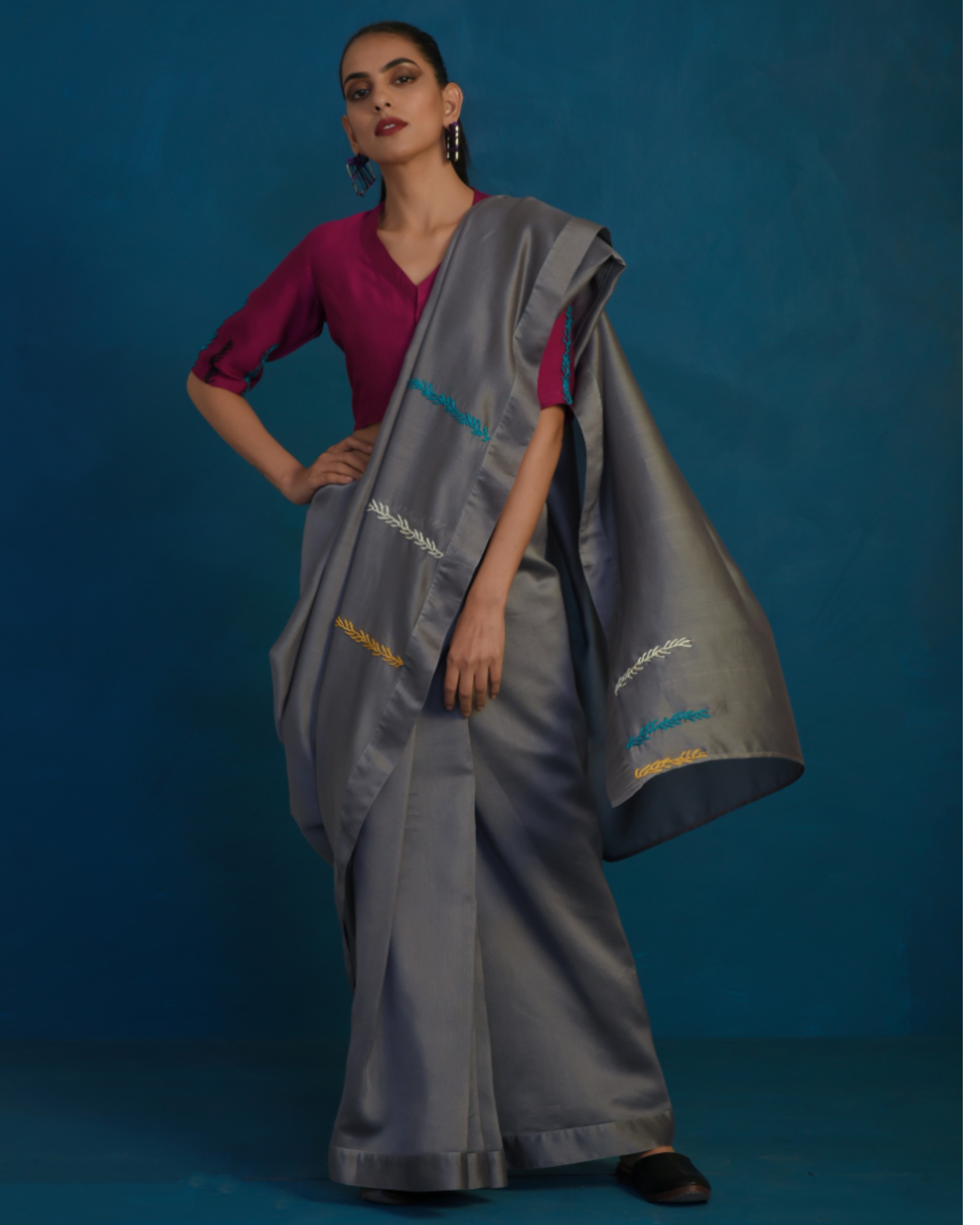 Grey embroidered chanderi sari with wine blouse- set of two by Charkhee ...