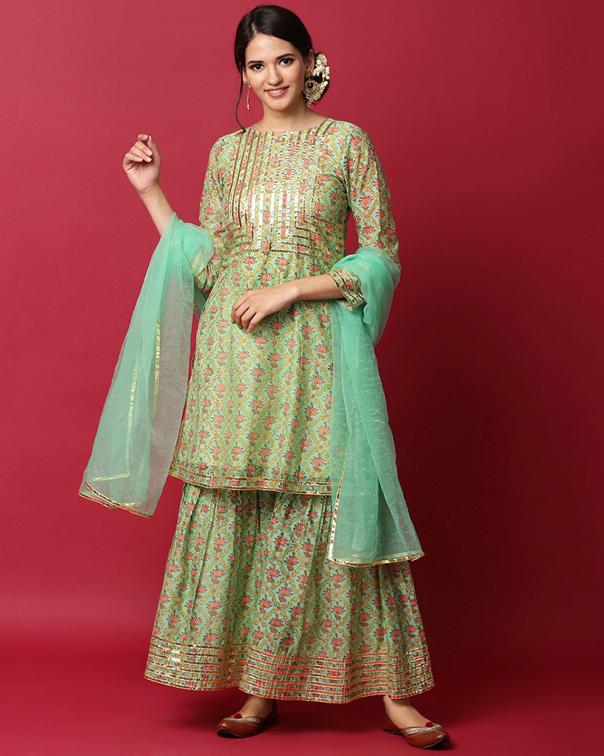 Green printed gota kurta and gharara with organza dupatta- set of three ...