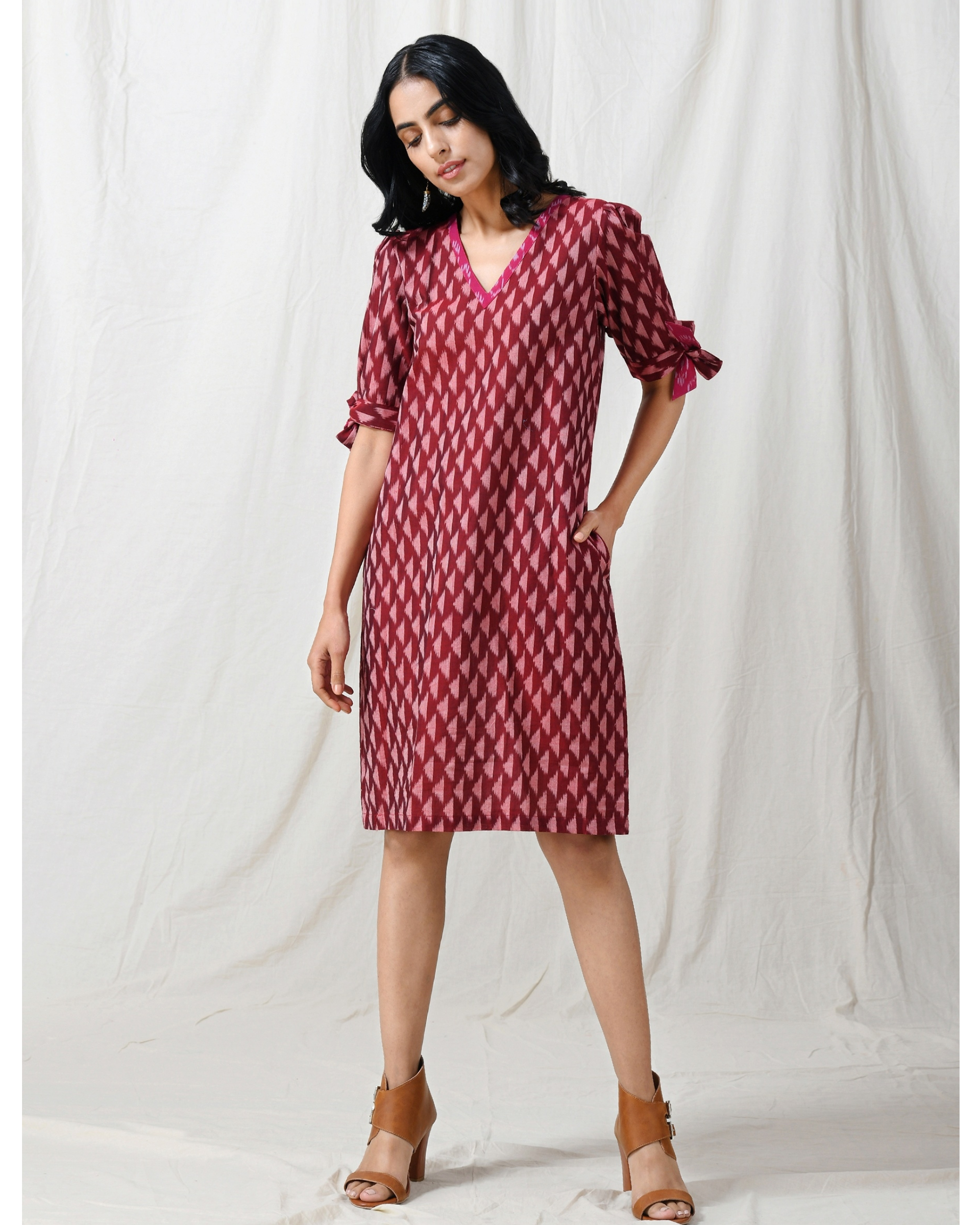 Brown ikat dress with tie-up sleeves by Raasleela | The Secret Label