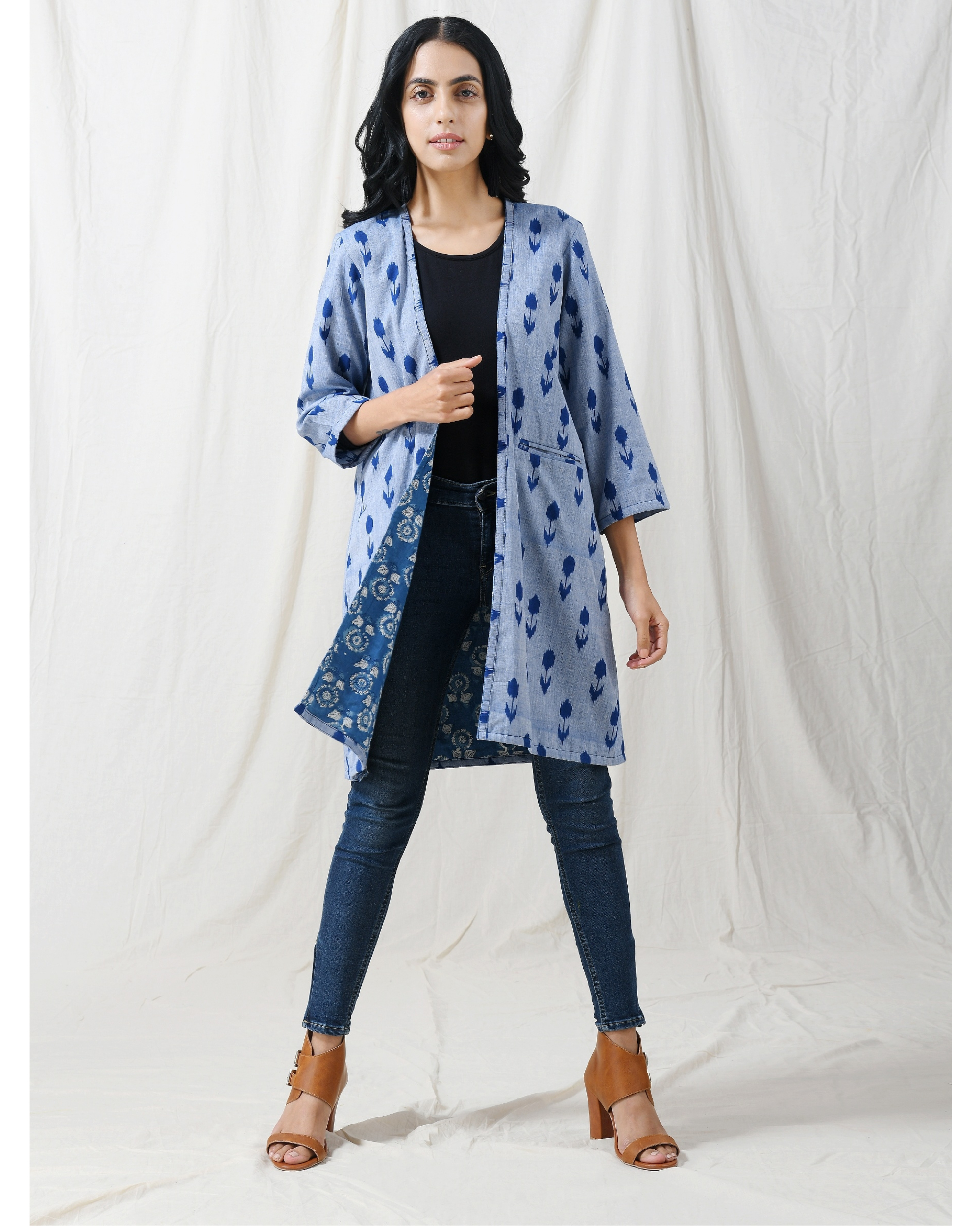 Blue open jacket with printed inner lining by Raasleela | The Secret Label