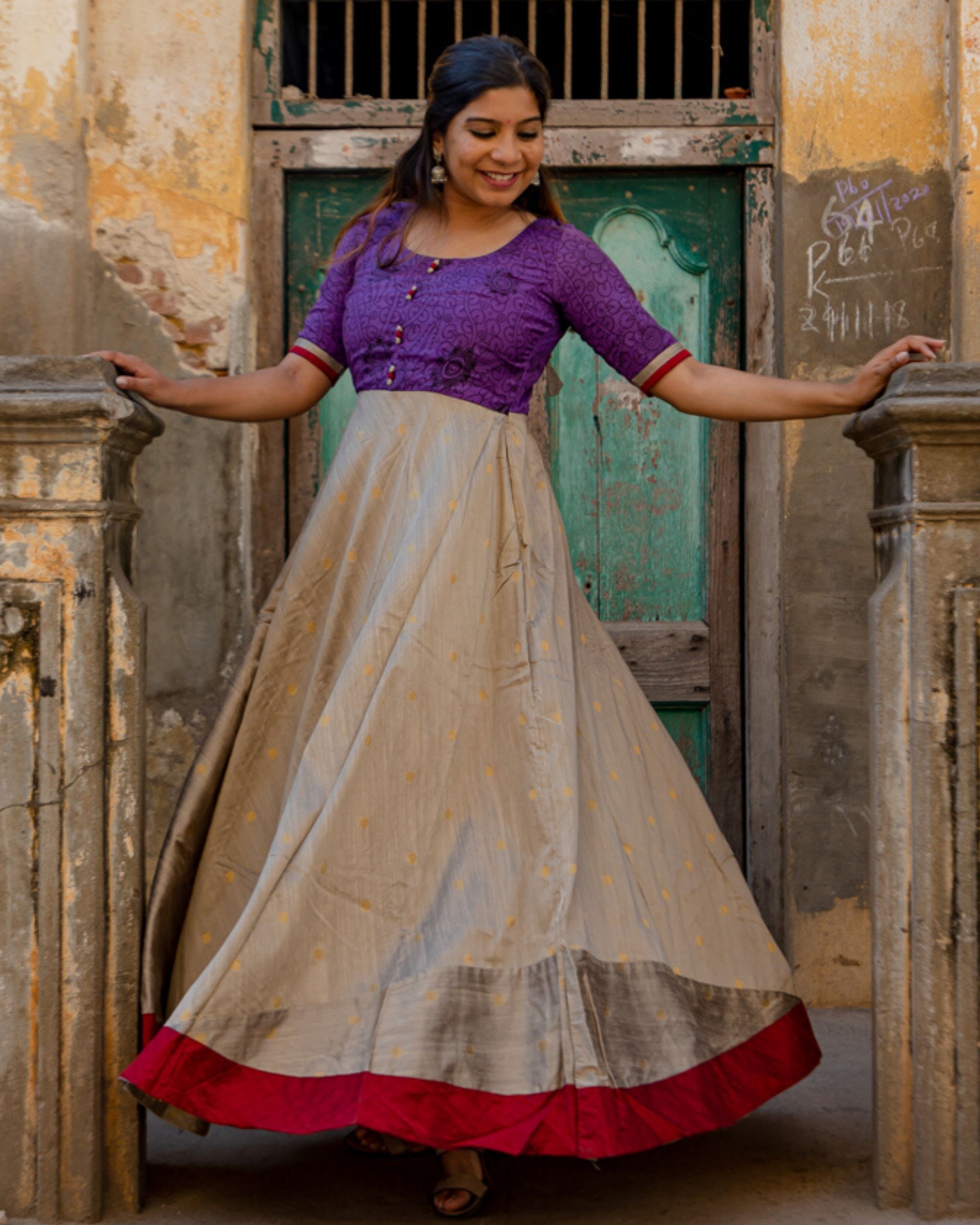 Violet and creamish grey yoke flared dress by Ekanta | The Secret Label