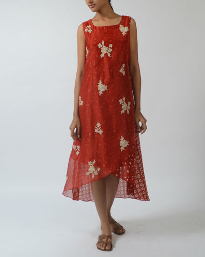 Red printed overlapping dress by Myoho by Kiran and Meghna | The Secret ...