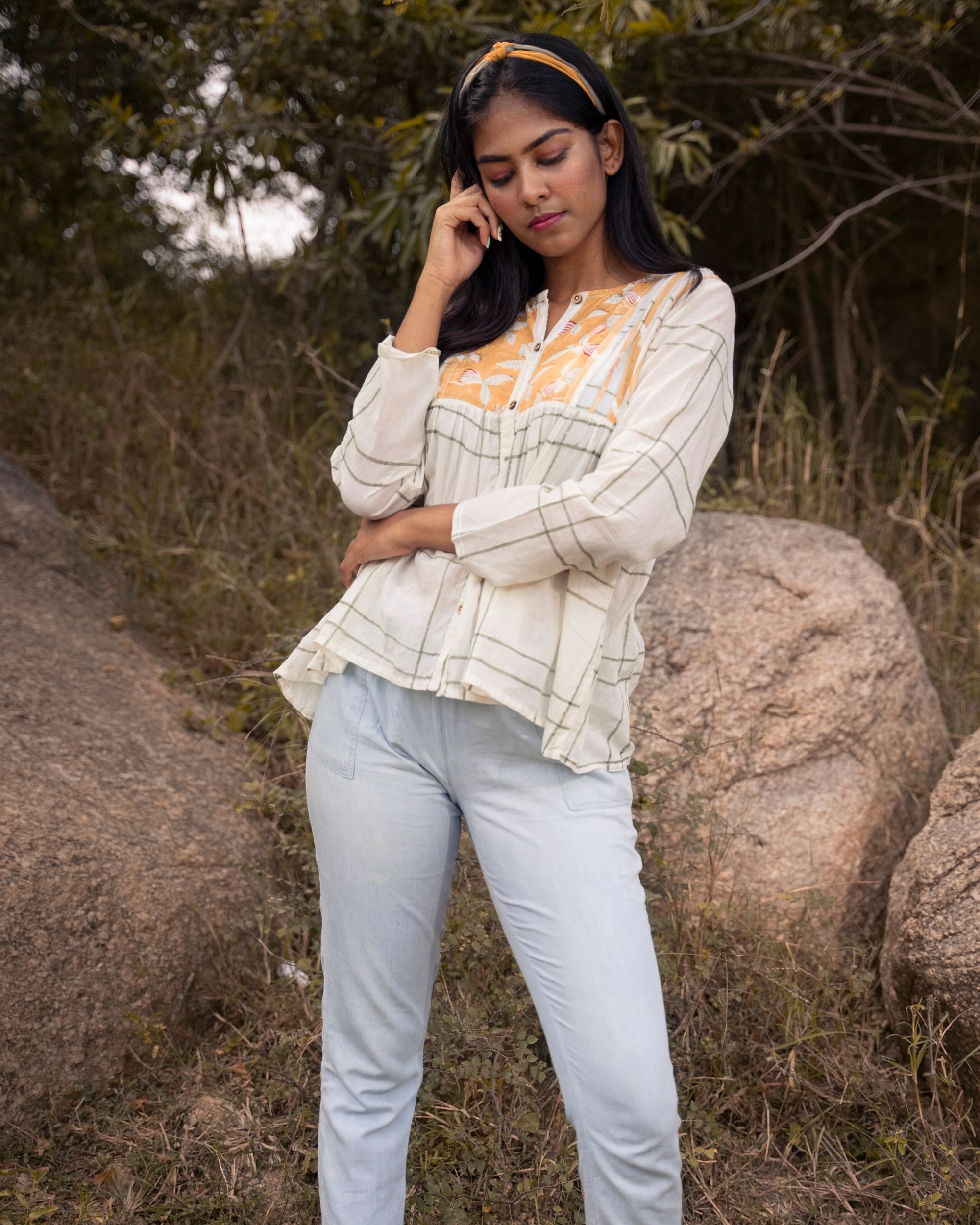 Mustard yellow and white checkered top by I L A M R A | The Secret Label